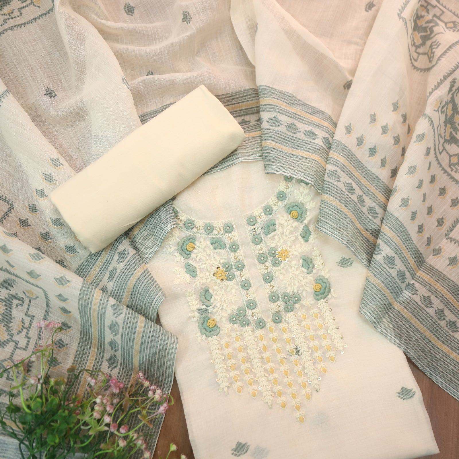 Farista Shell White Thread Embroidered Neck Work Printed Cotton Linen ...