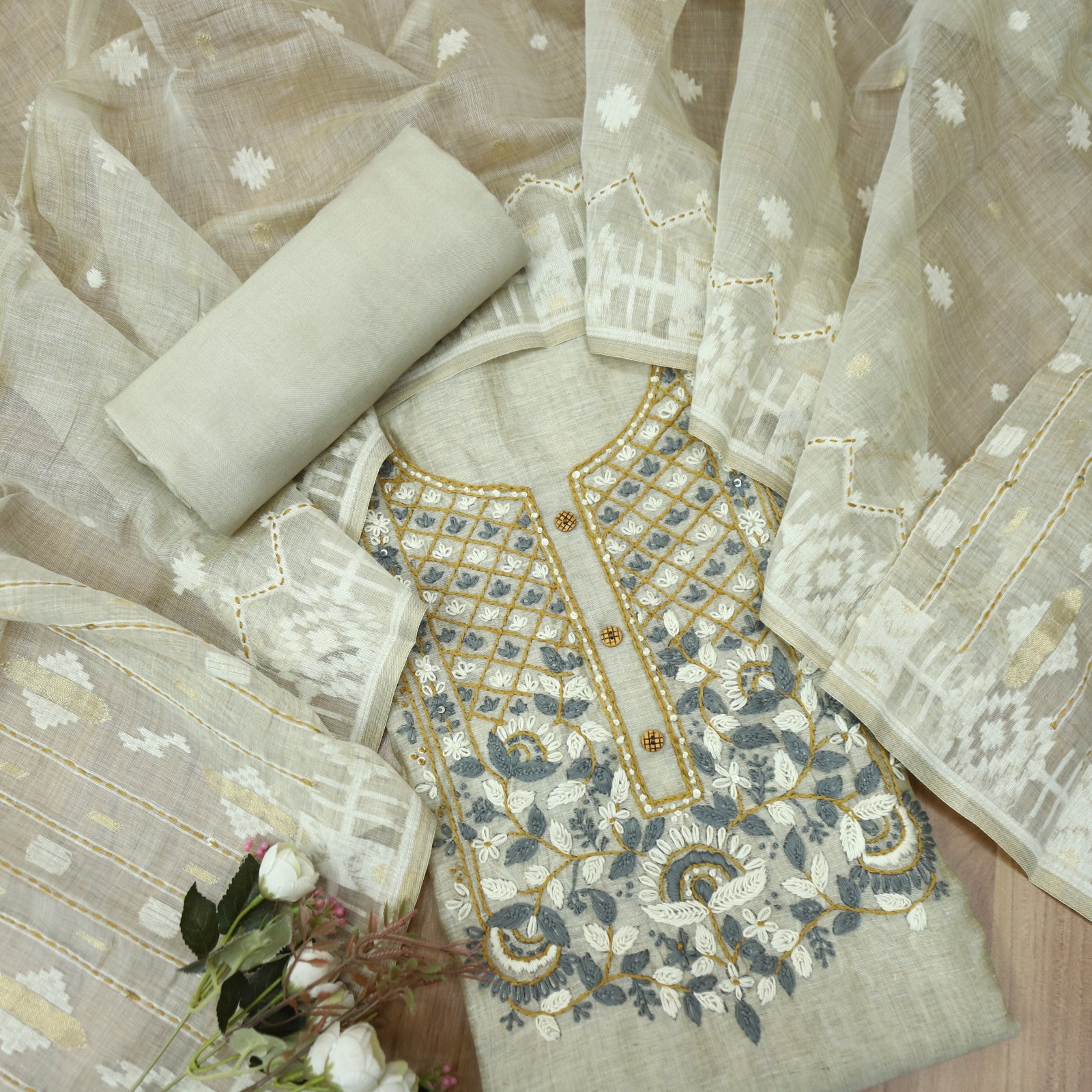 Jashvi Tan Mocha Beige Thread Neck Work Jamdani Chanderi Suit Set ...