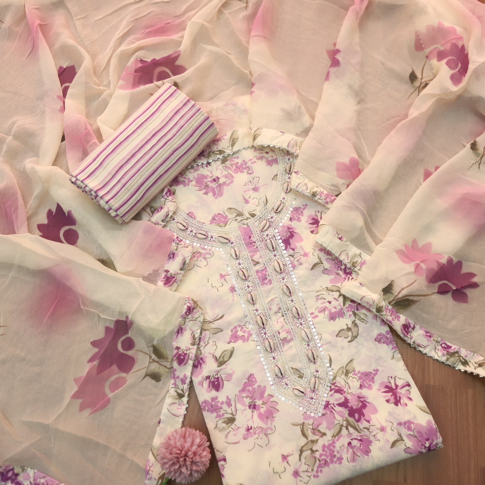 Adaa Beige With Purple Floral Print with Shell Neck and Moti Cotton Su ...