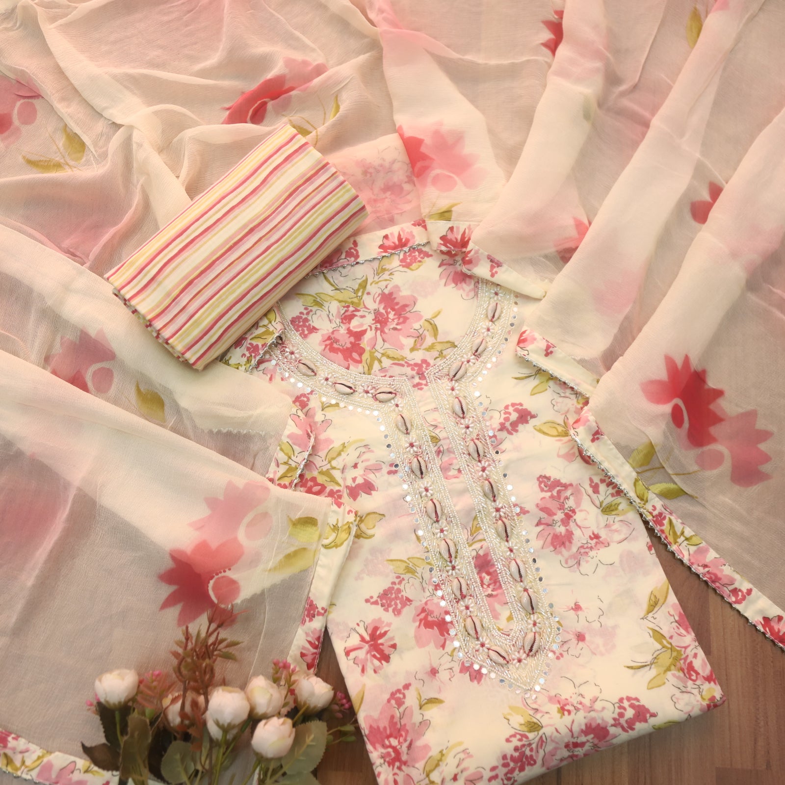 Adaa Beige With Red Floral Print with Shell Neck and Moti Cotton Suit ...