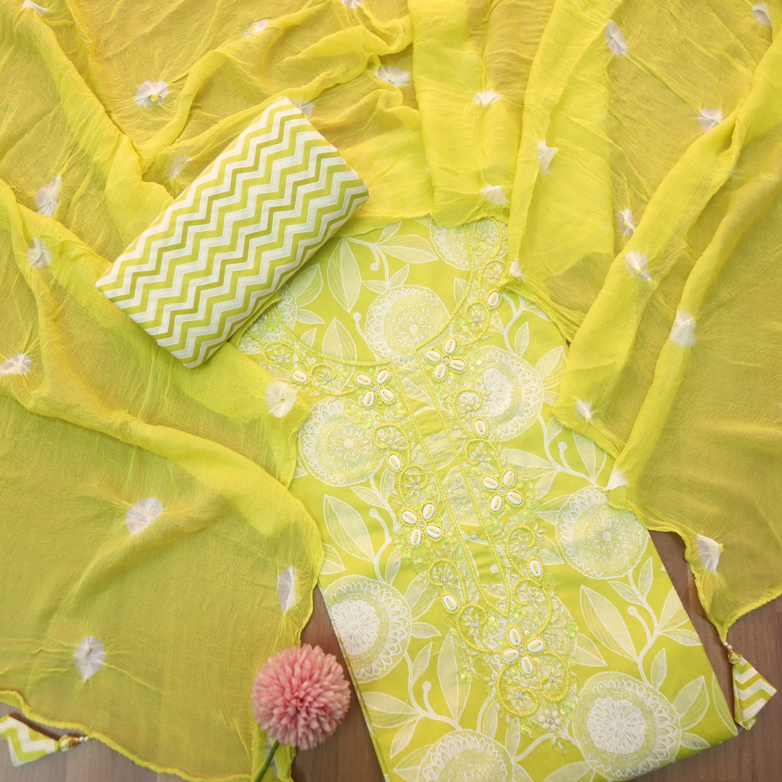 Raina Lawn Green Moti with Shell Neck Work Floral Printed Cotton Suit ...