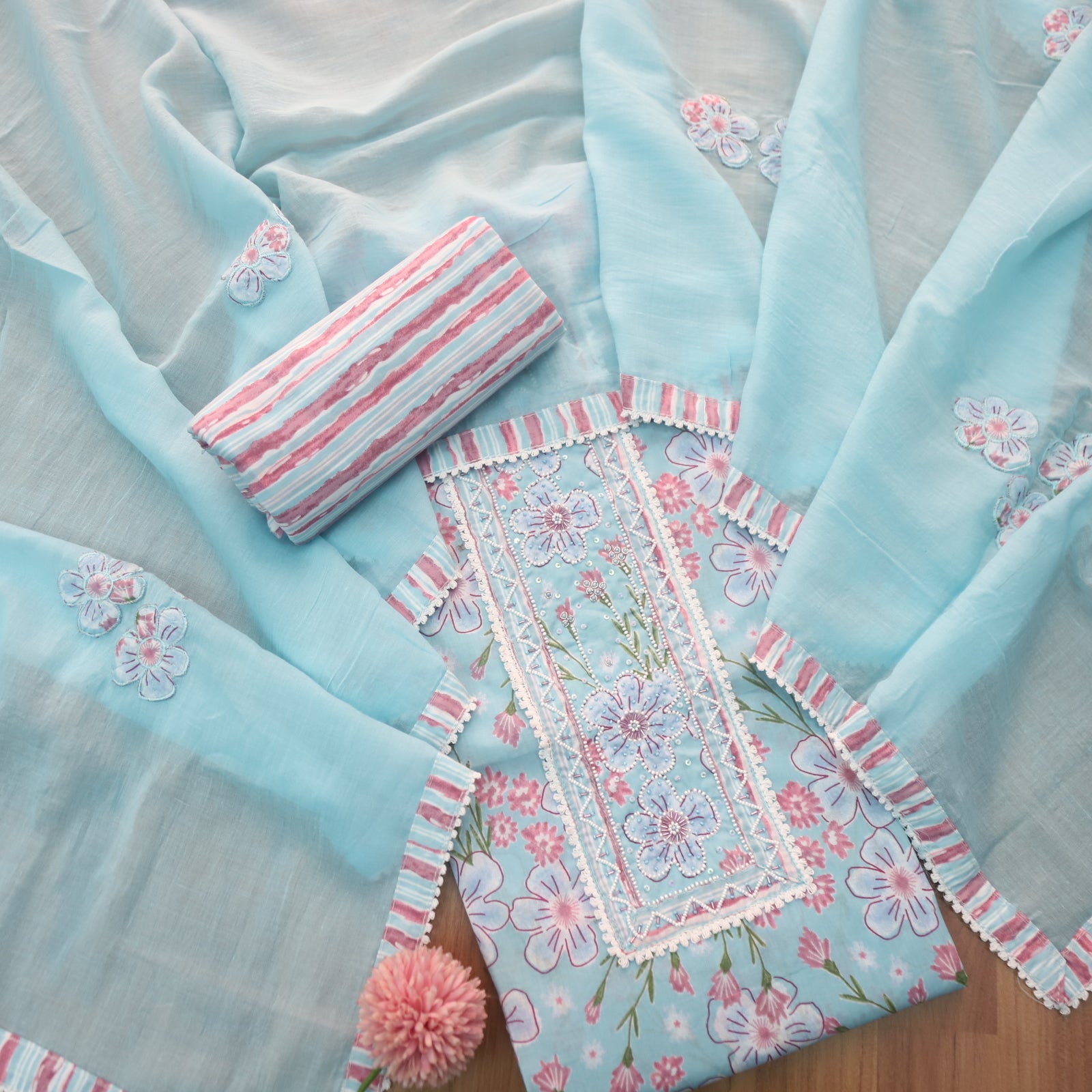 Raina Aqua Blue Moti with Spiral Neck Work Floral Printed Cotton Suit ...