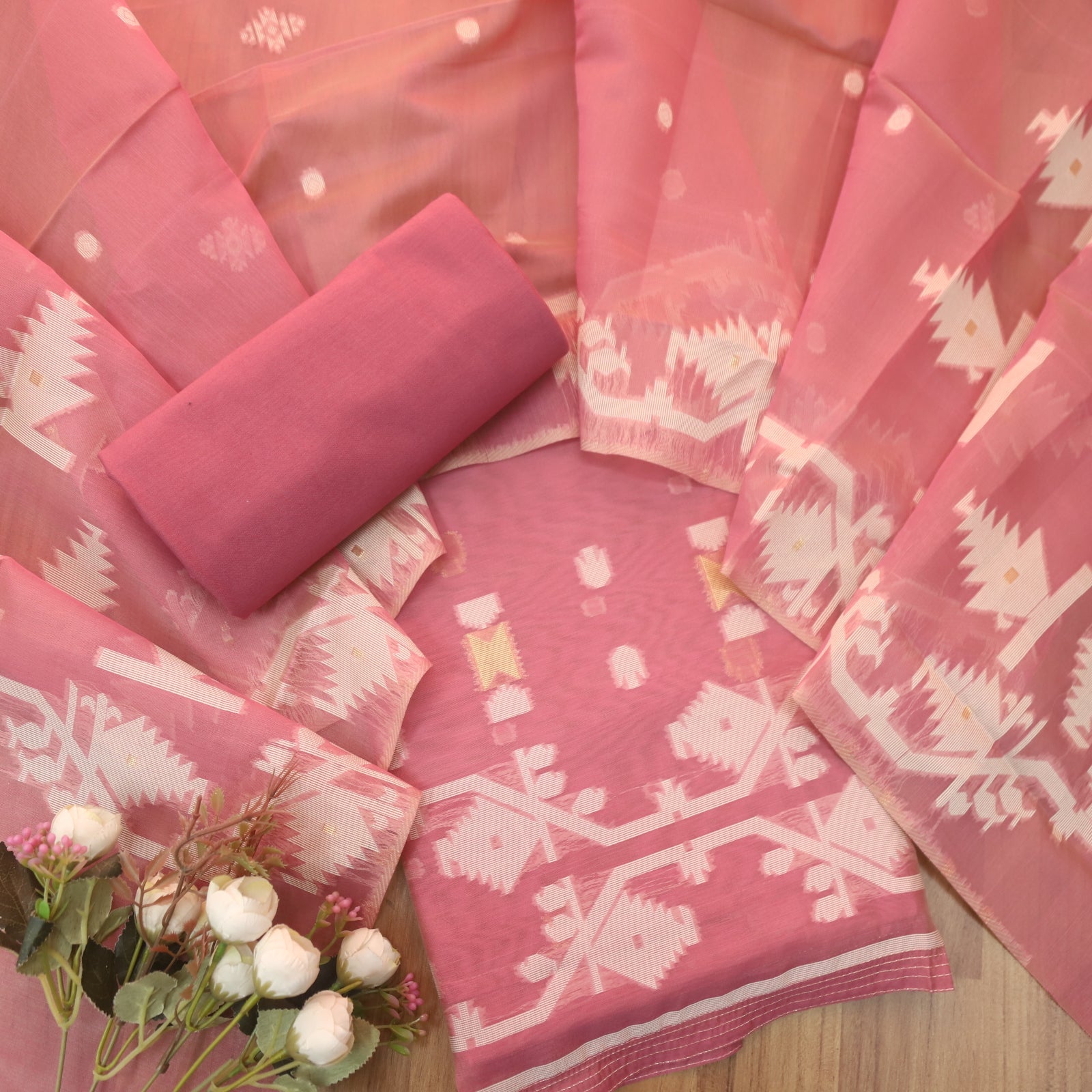 Raajhan Rosy Pink in Zari with Authentic Jamdani Weaved Suit Set ...