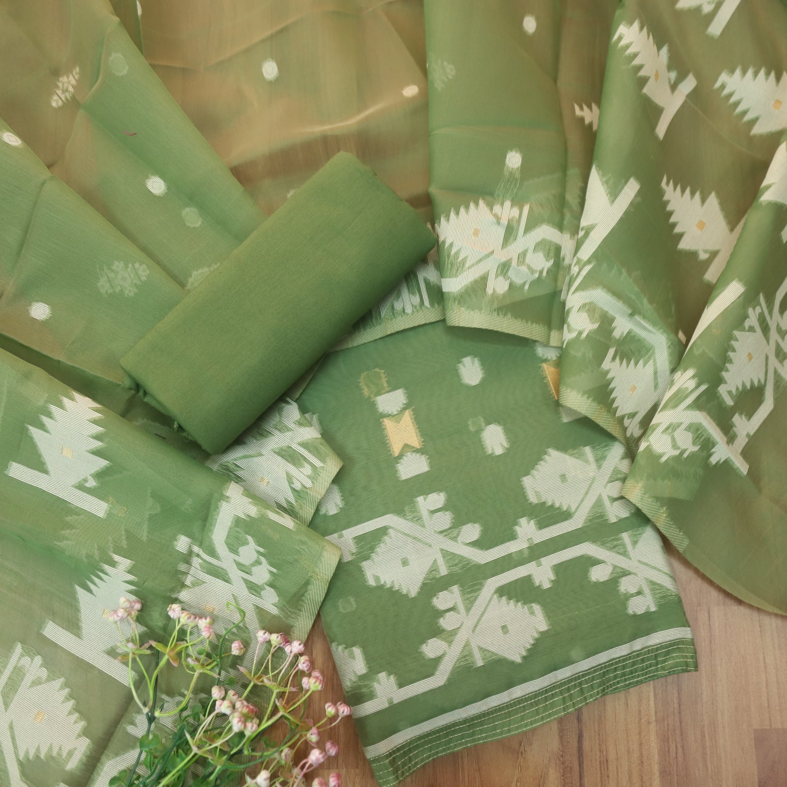 Raajhan Garden Green in Zari with Authentic Jamdani Weaved Suit Set ...