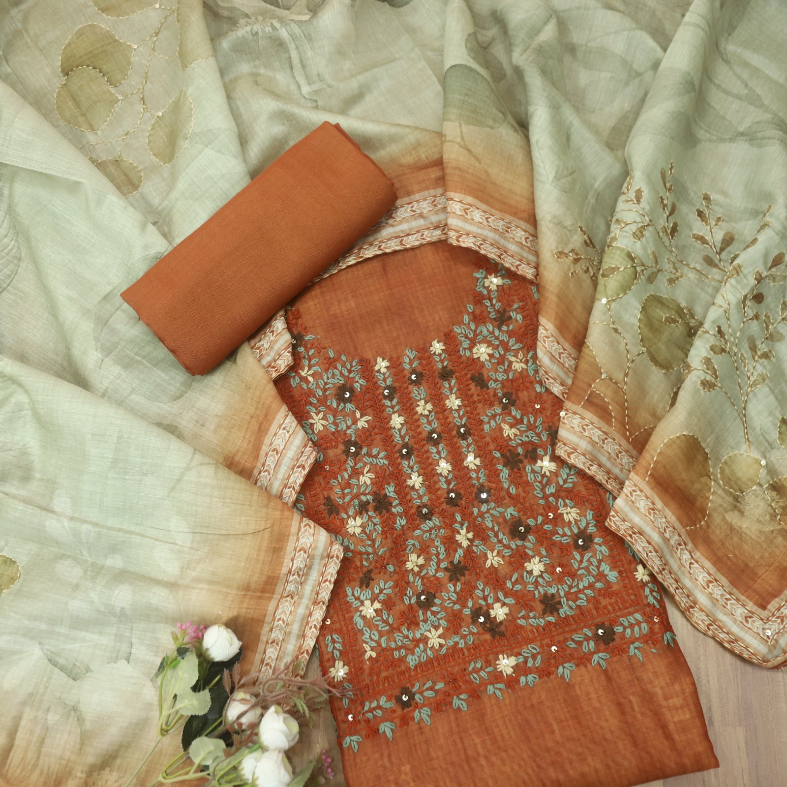 Kashvi Rust Orange Kantha Embroidery Neck Work Chanderi Suit Set ...