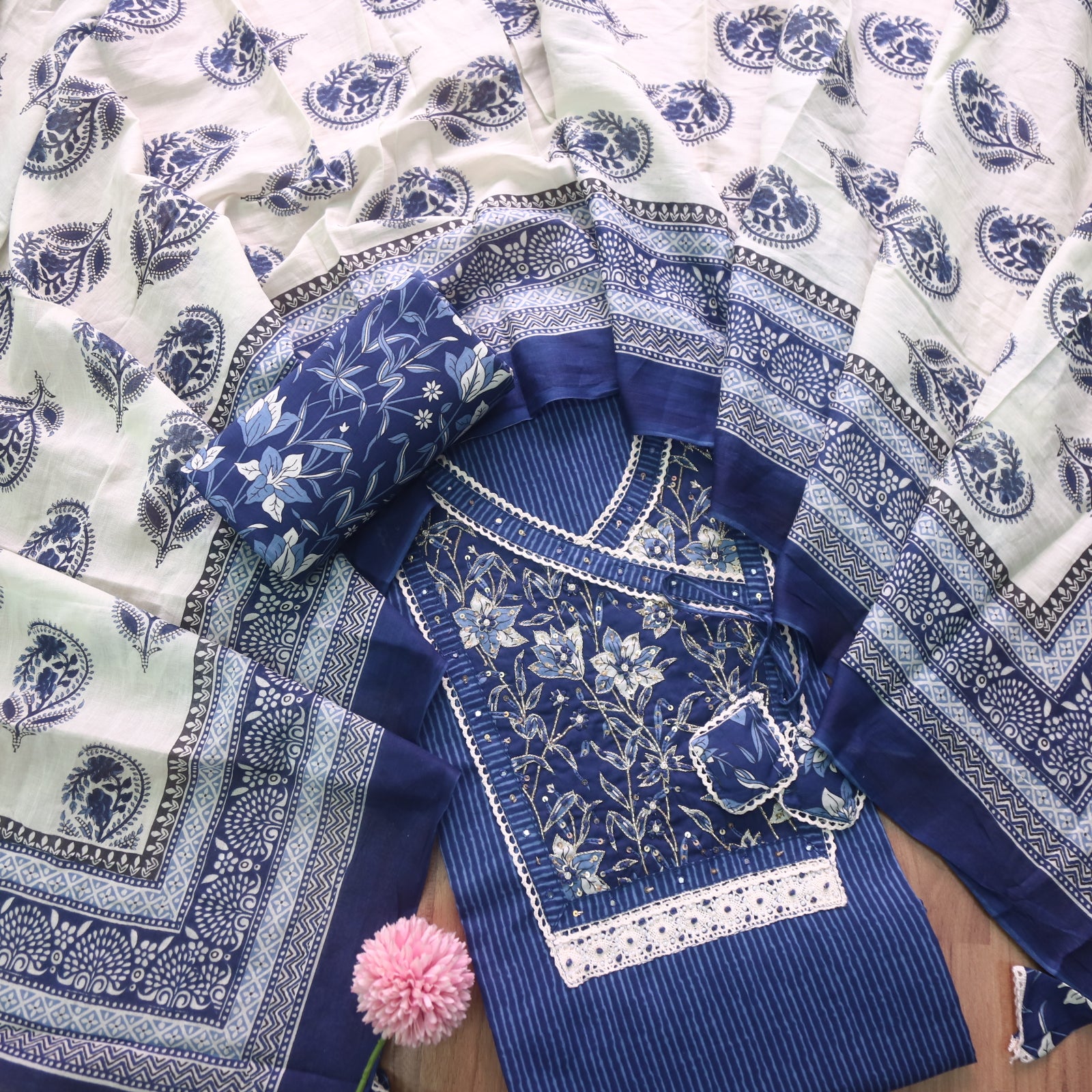 Raina Denim Blue Embellish Angrakha Neck Style Printed Cotton Suit Set ...