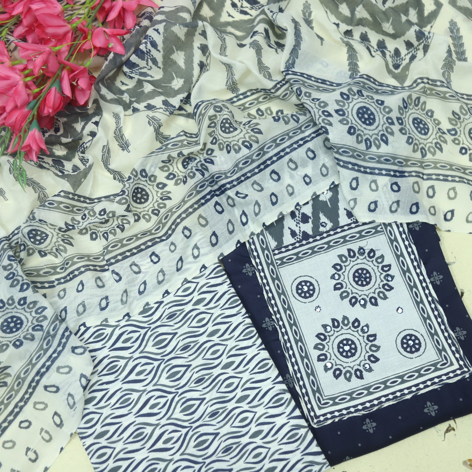 Farheen Navy Blue Patra Detailing Patch Work in Printed Cotton Suit Se ...