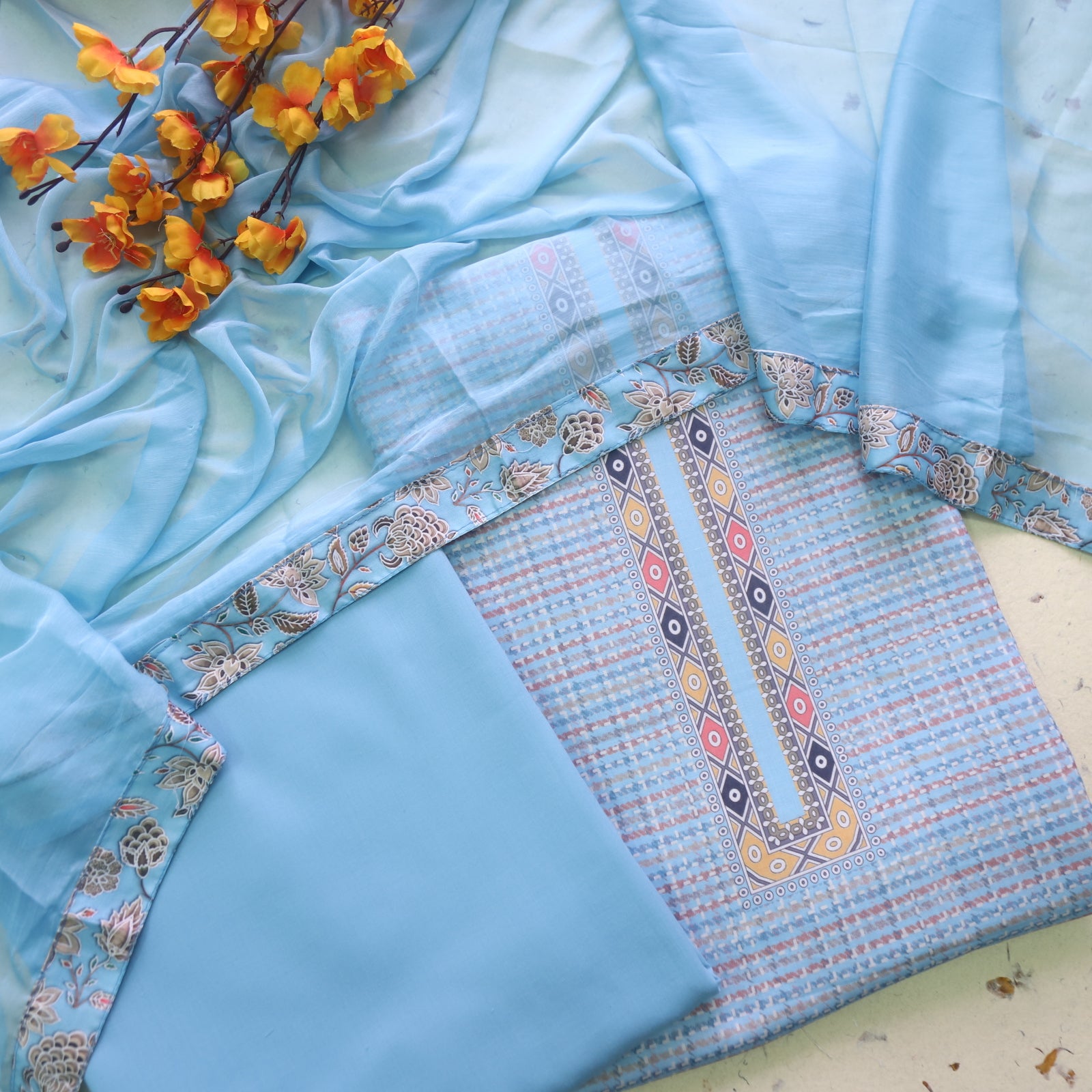 Madhubala Powder Blue All Over Check Printed Work Cotton Suit Set ...