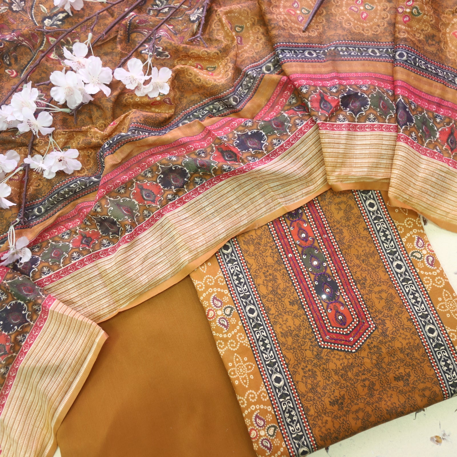 Reshmi Dijon Yellow Thread Weaved in Bandhani Printed Cotton Suit Set ...