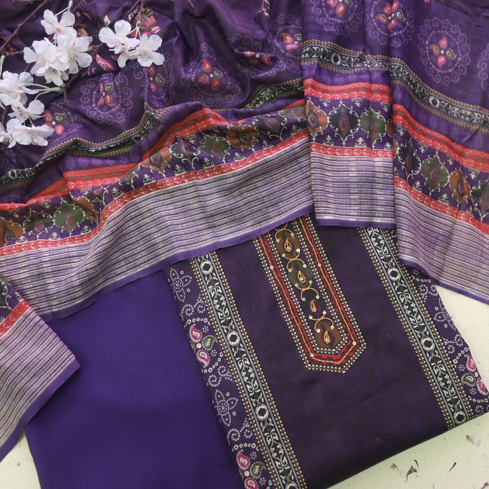 Reshmi Eggplant Purple Thread Weaved in Bandhani Printed Cotton Suit S ...