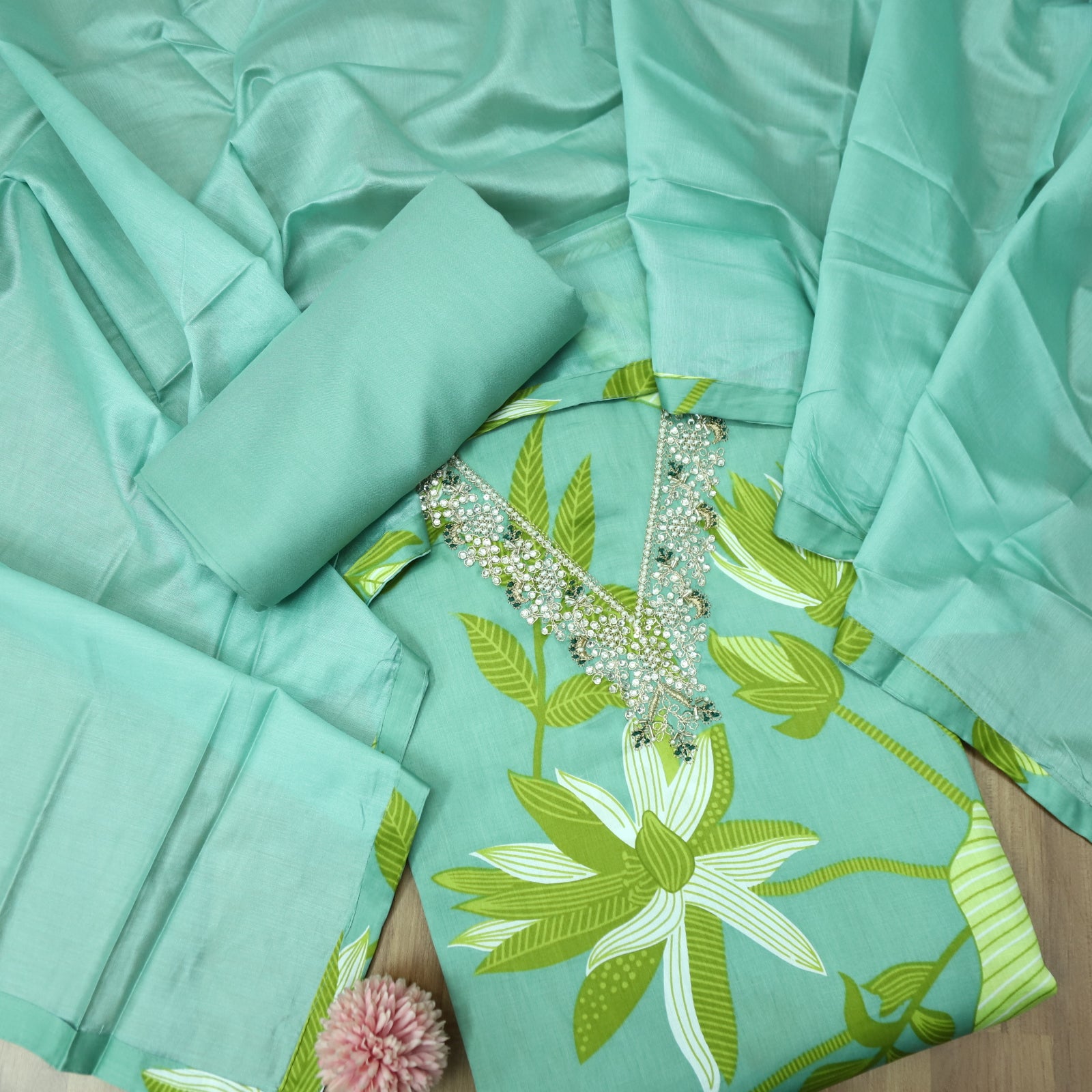 Kaash Spring Green Embellish V Neck Floral Printed Jam Cotton Suit Set ...