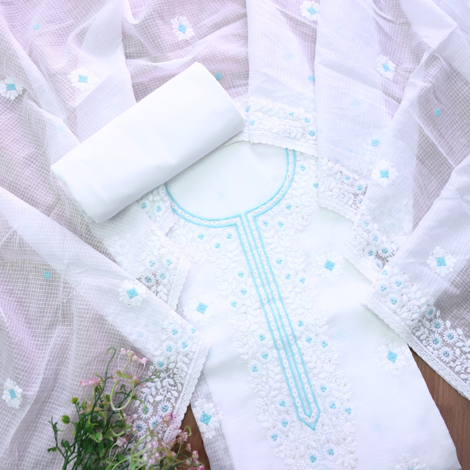 Geet White with Blue Thread Embroidered Neck Work Kota Doriya Suit Set ...