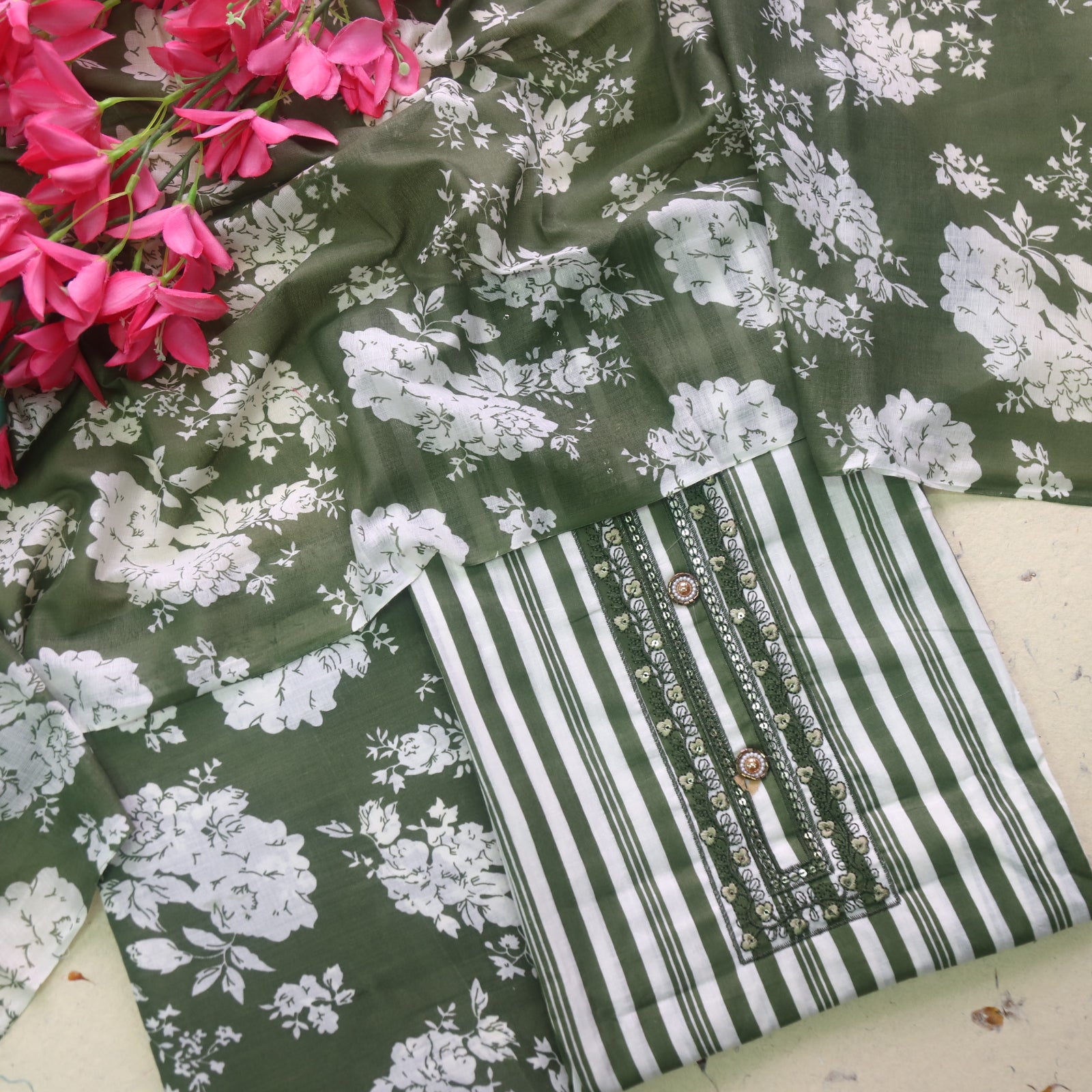 Reshmi Dark Green Thread Embroidered Neck Work Stripe Print Cotton Sui ...