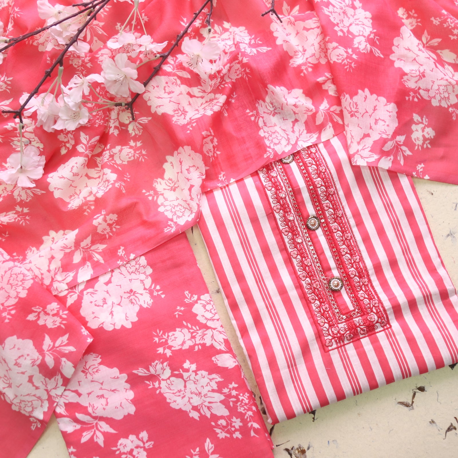 Reshmi Candy Pink Thread Embroidered Neck Work Stripe Print Cotton Sui ...