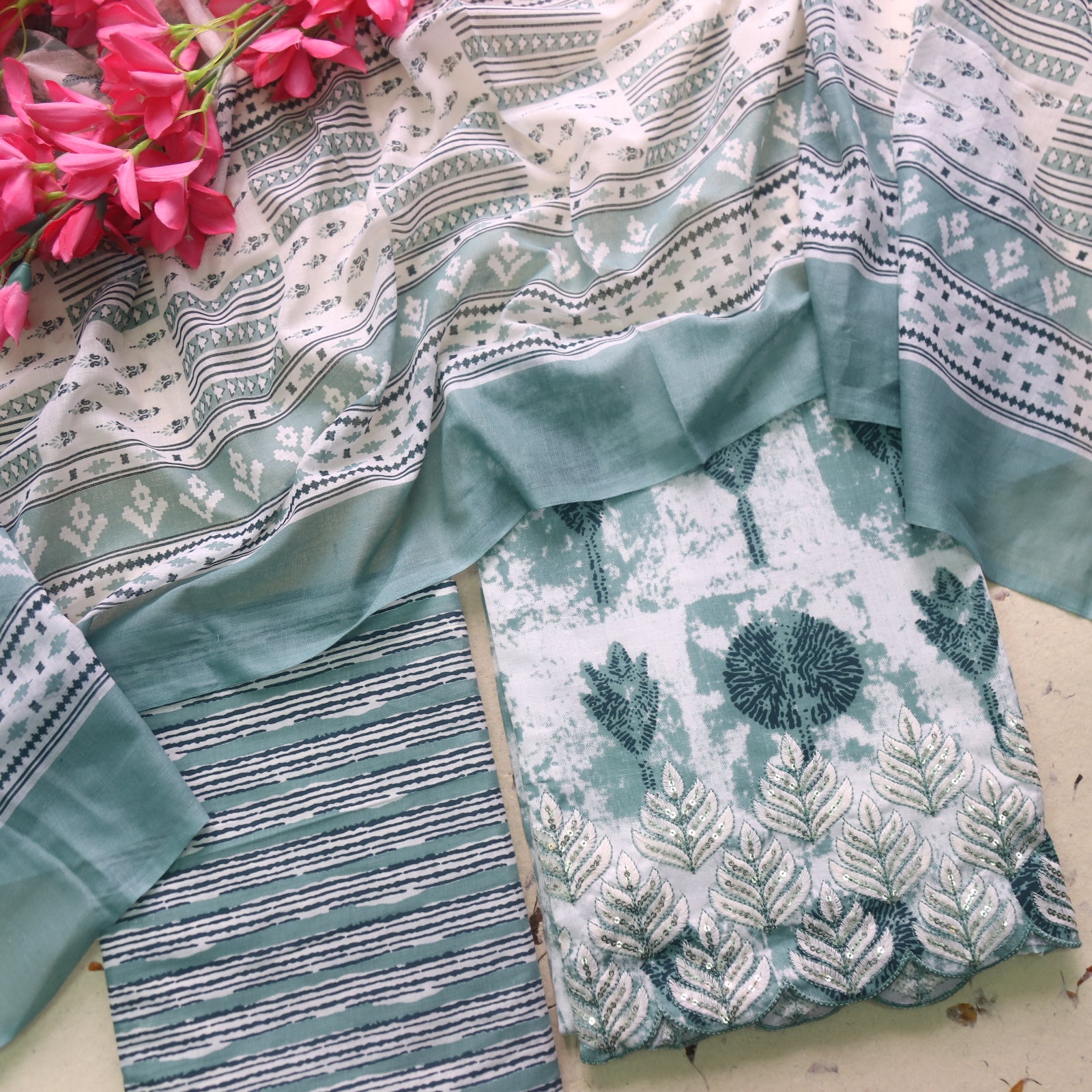 Reshmi Pale Teal Thread Embroidered Hem Digital Print Cotton Suit Set ...