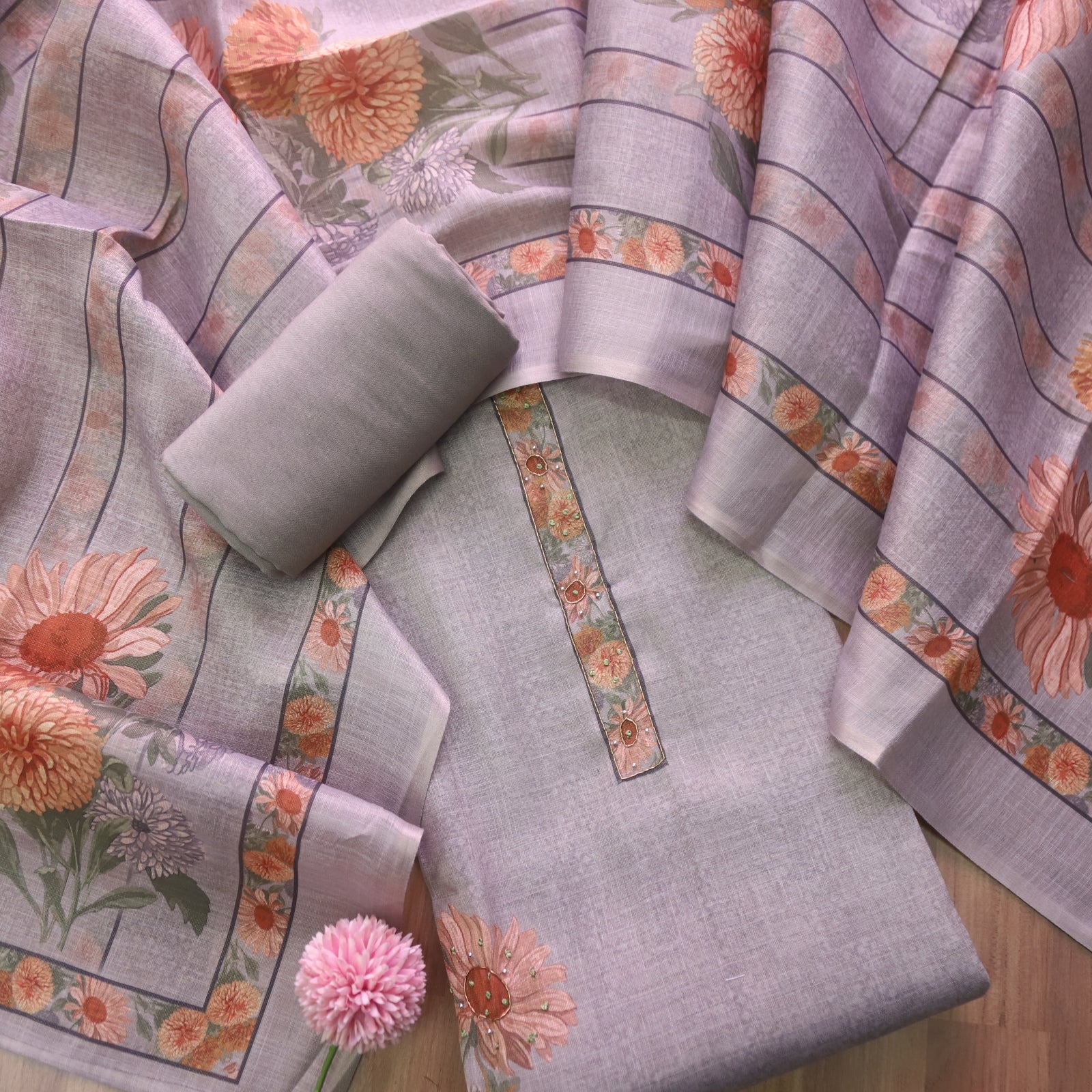 Beliya Gun Metal Grey Zari Detailing Floral Printed Shimmer Tissue Lin ...
