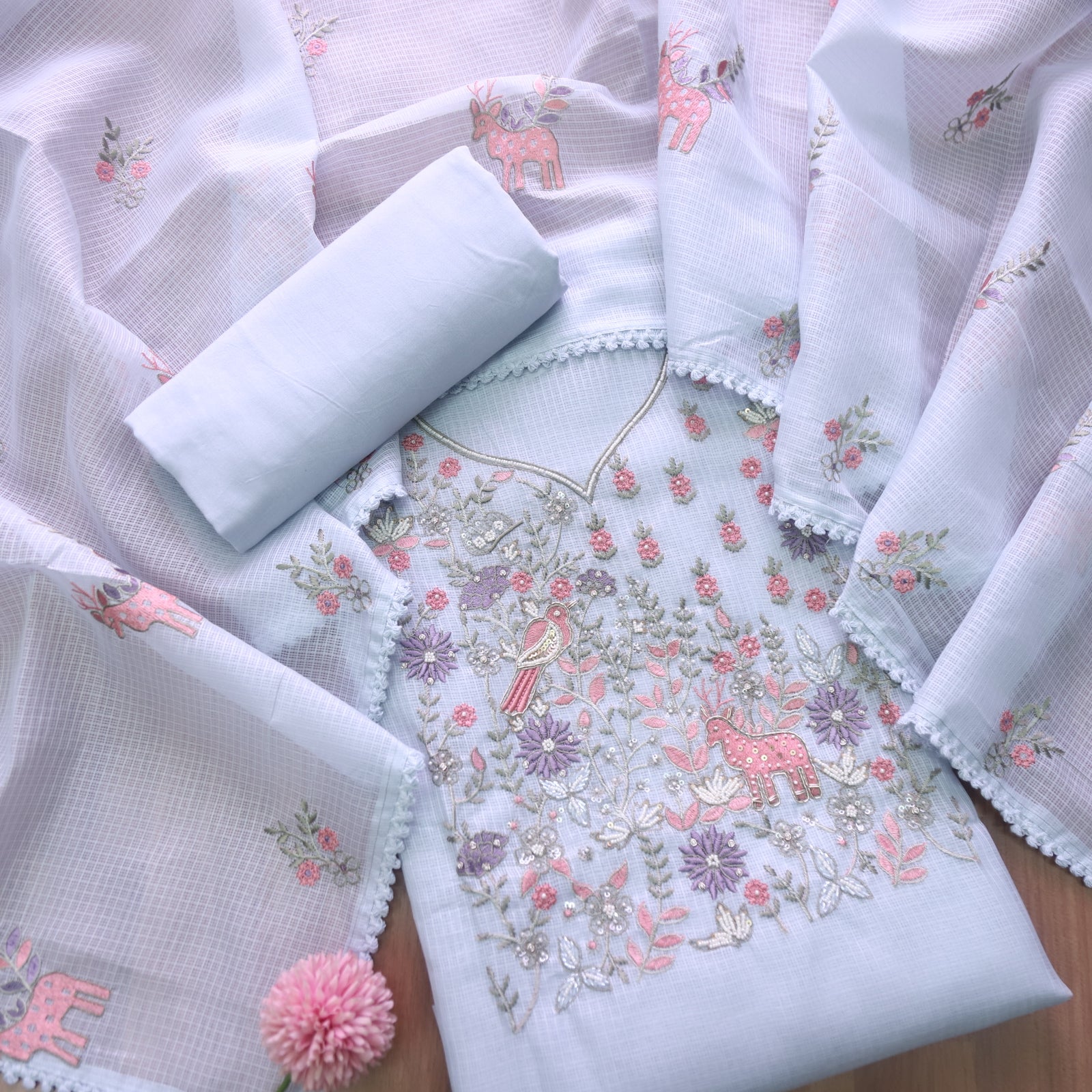 Gul Grayish blue Embellish Neck Work with Thread Work Kota Doriya Suit ...