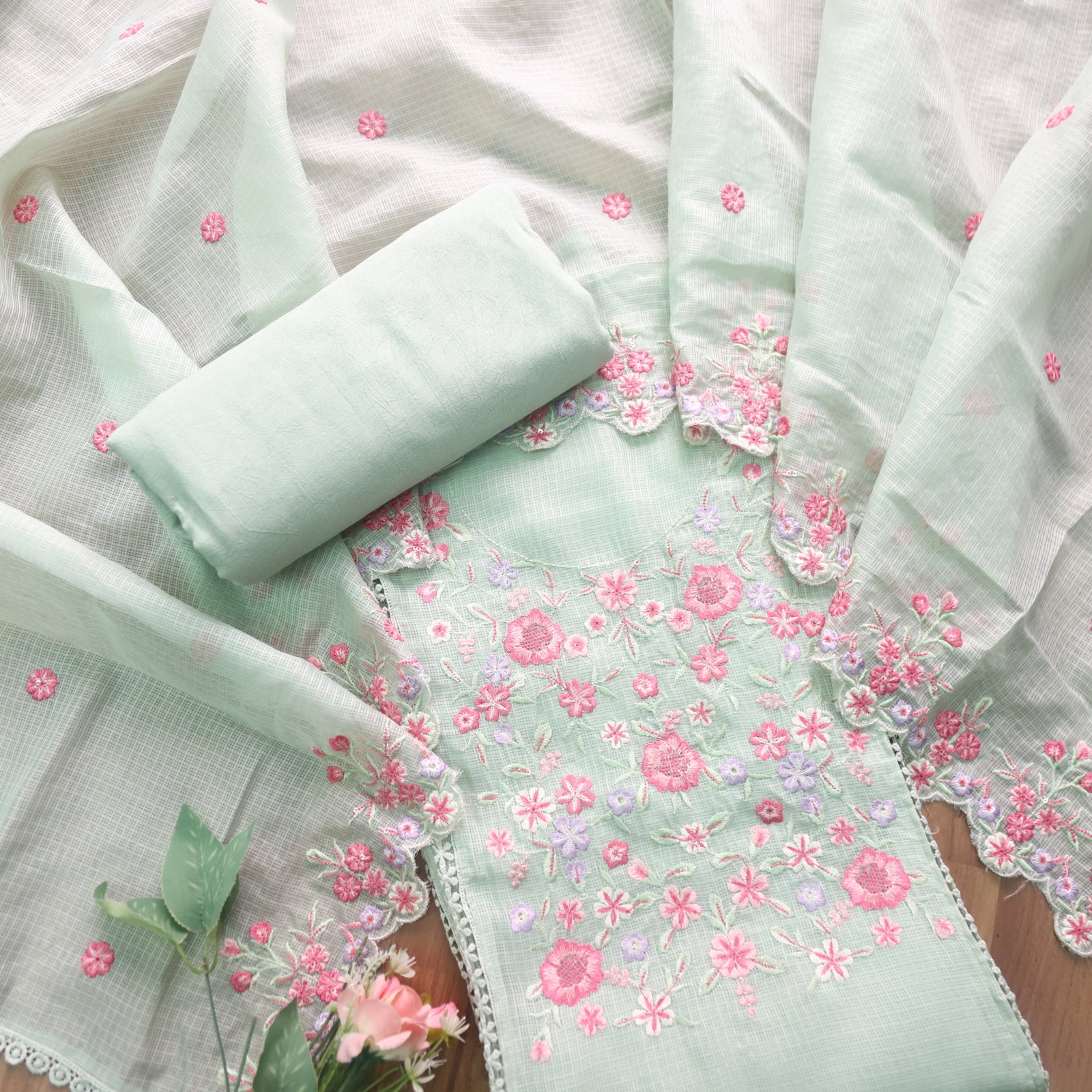 Rahiya Mint Green Thread Embroidered Neck Work Kota Doriya Suit ...
