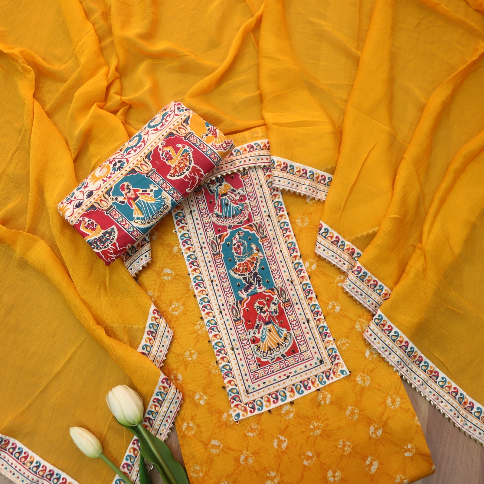 Kaash Dijon Yellow Garba Print Neck Patch with Spiral Bandhej Print Ja ...