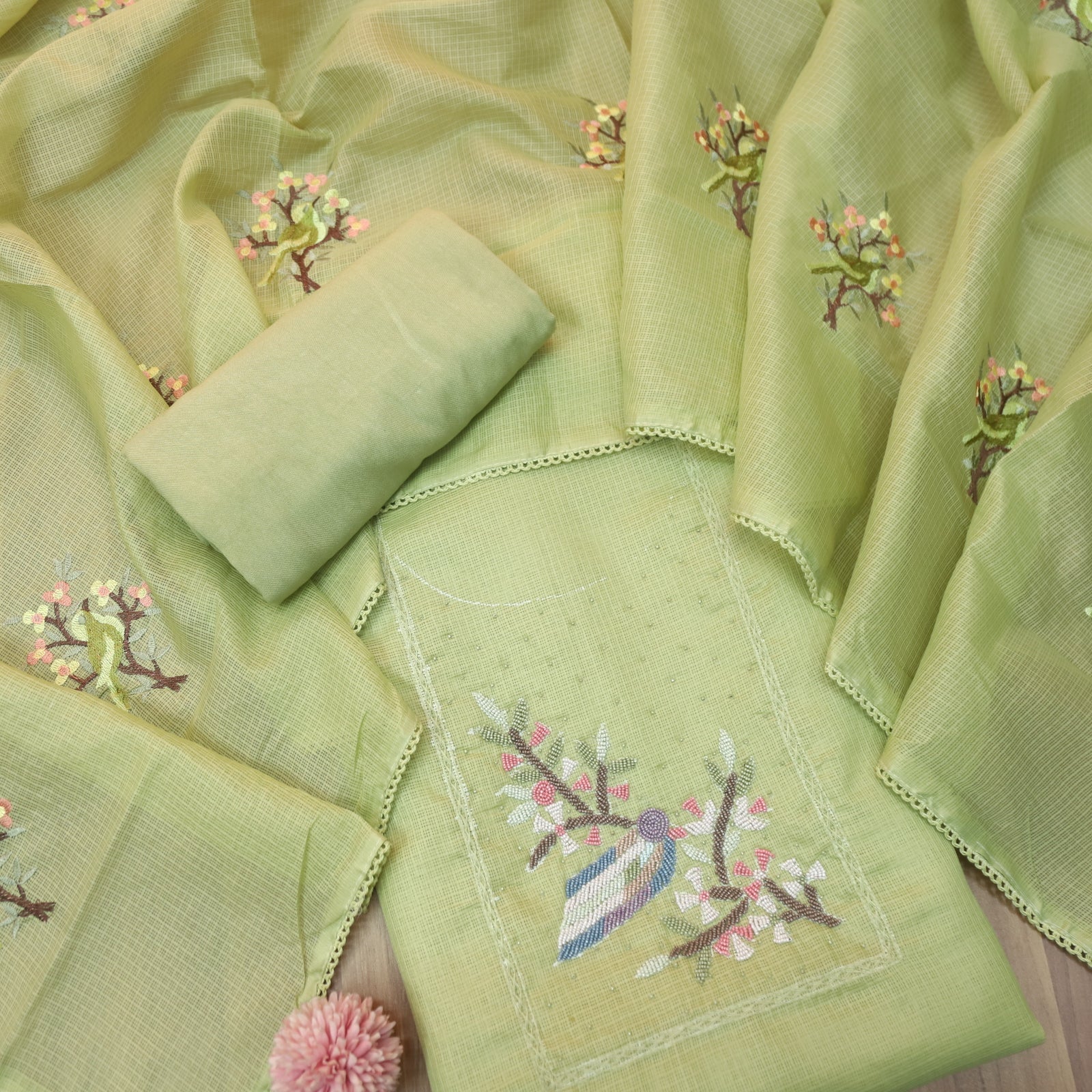 Haseen Mantis Green Floral Style Moti Work Neck Kota Doriya Suit Set ...