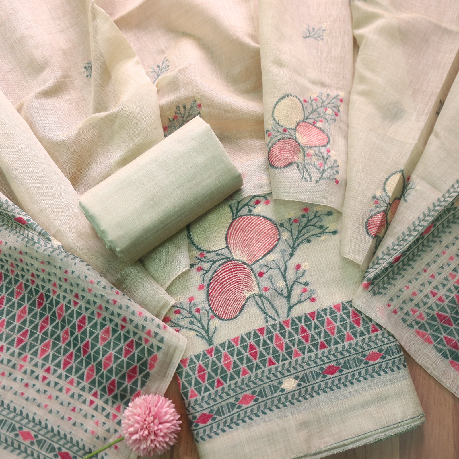 Riwayat Mint Green Zari with Floral Authentic Jamdani Weaved Suit Set ...