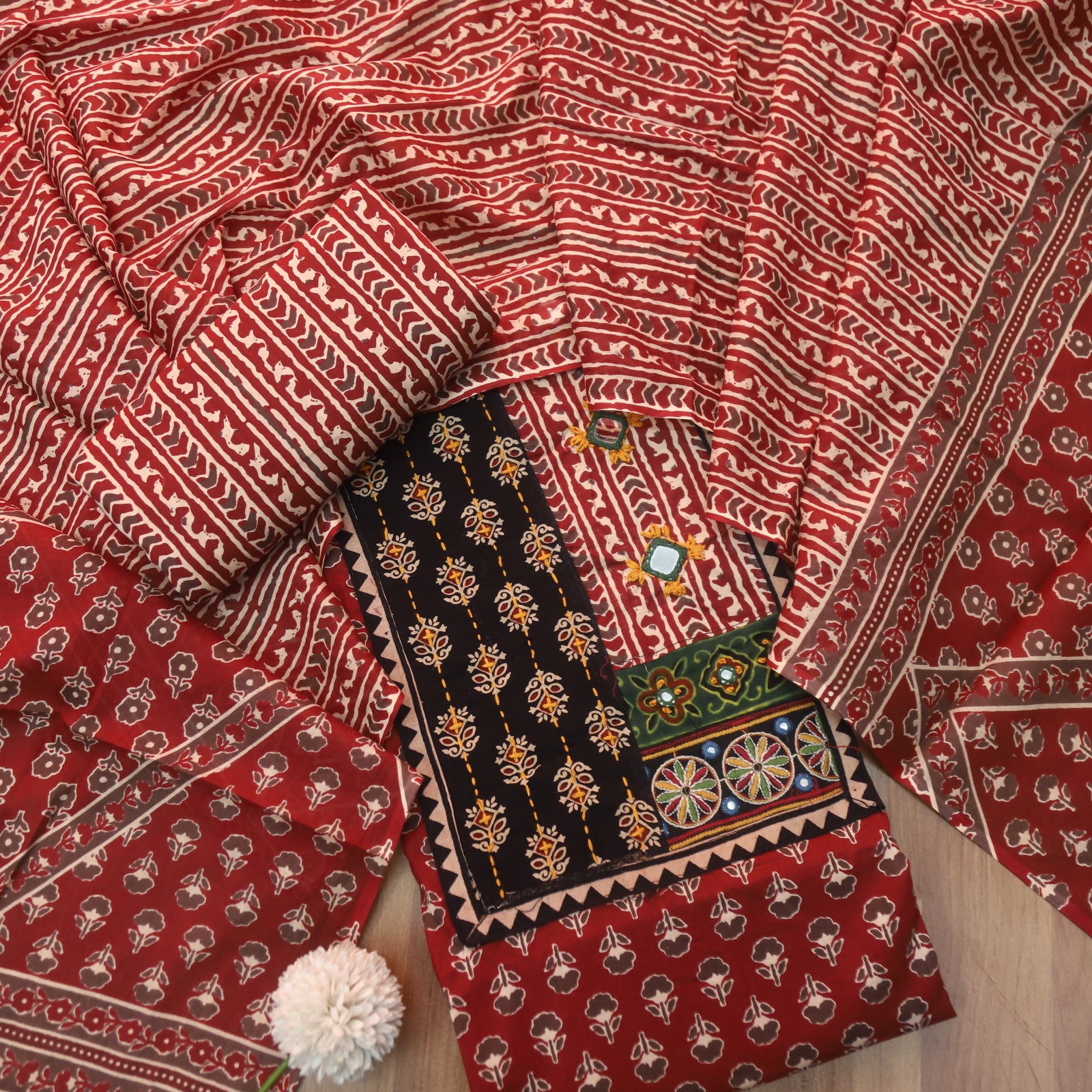 Gulabraas Maroon Red Patches with Kantha and Mirror Work Ajrak Cotton ...
