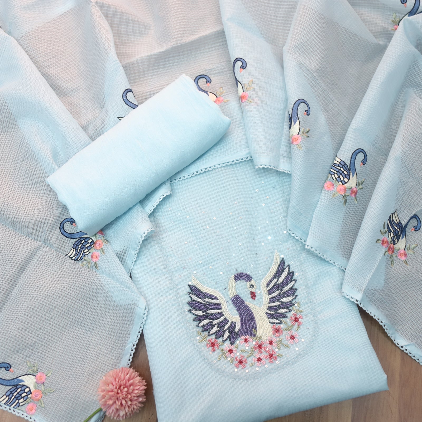 Sadhgi Powder Blue Moti Work On Neck in Bird Style Kota Doriya Suit Se ...