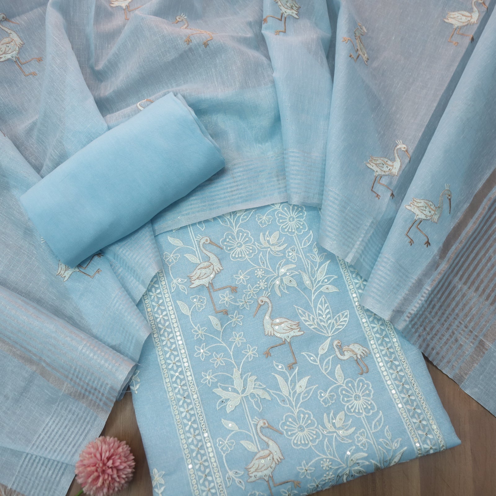 Paakhi Powder Blue Floral with Flamingo Thread Work Shimmer Tissue Lin ...