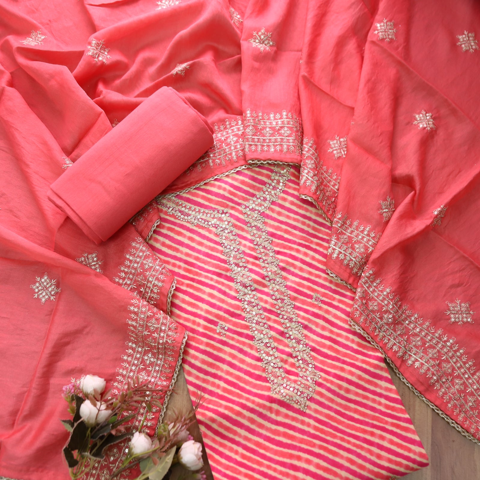 Sajna Rani Pink Embellish Zari Neck Work Leheriya Print Modal Suit Set ...