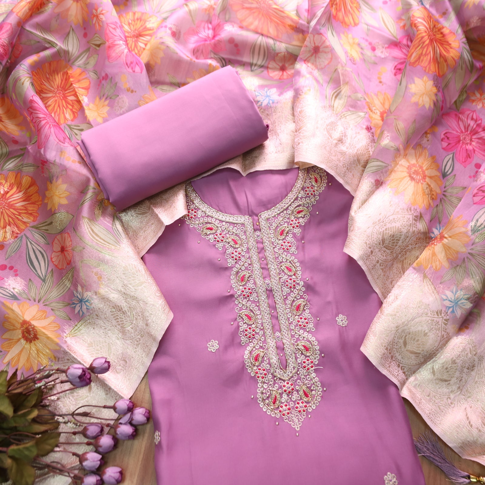 Parvani Vibrant Mauve Embellished Neck with Moti Work Modal Suit Set ...