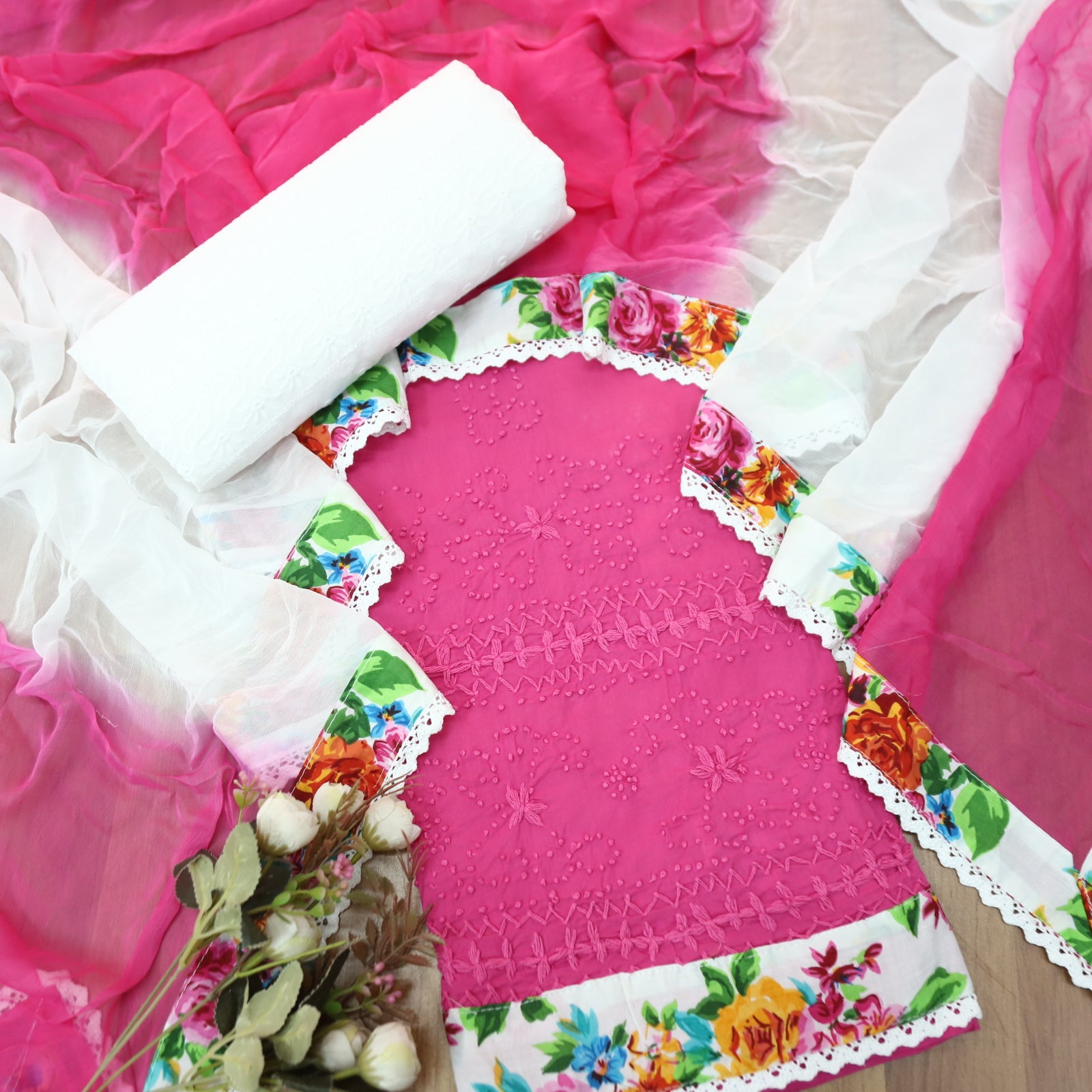 Amber Magenta Pink French Knot Hem Work with Patch Cotton Suit Set ...