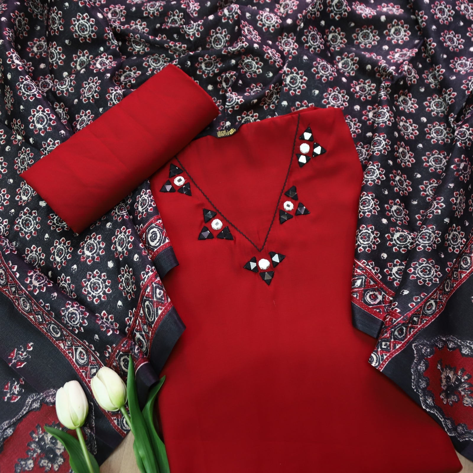 Saheli Maroon Red V Neck Mirror Work Detailing Neck Roman Silk Set wit ...
