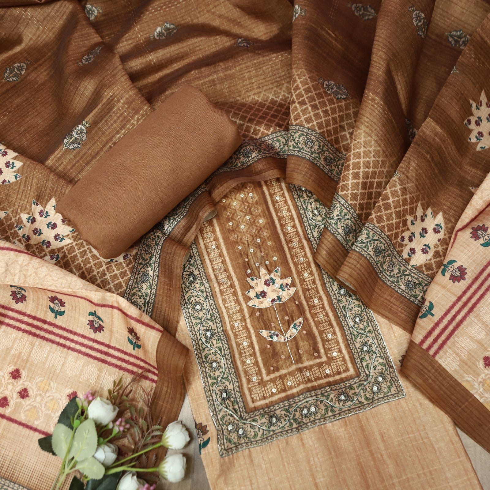 Khalasi Latte Brown Digital Printed with Spiral and Patra Work Art Sil ...