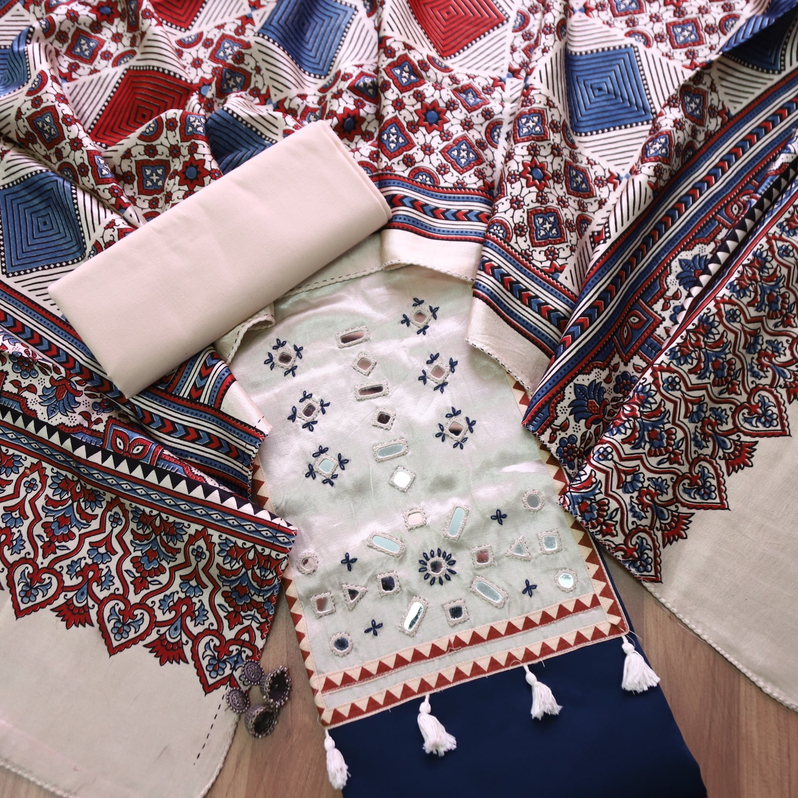 Jamuna Navy Blue and Beige Mirror Work Patch with Hanging Glazed Cotto ...