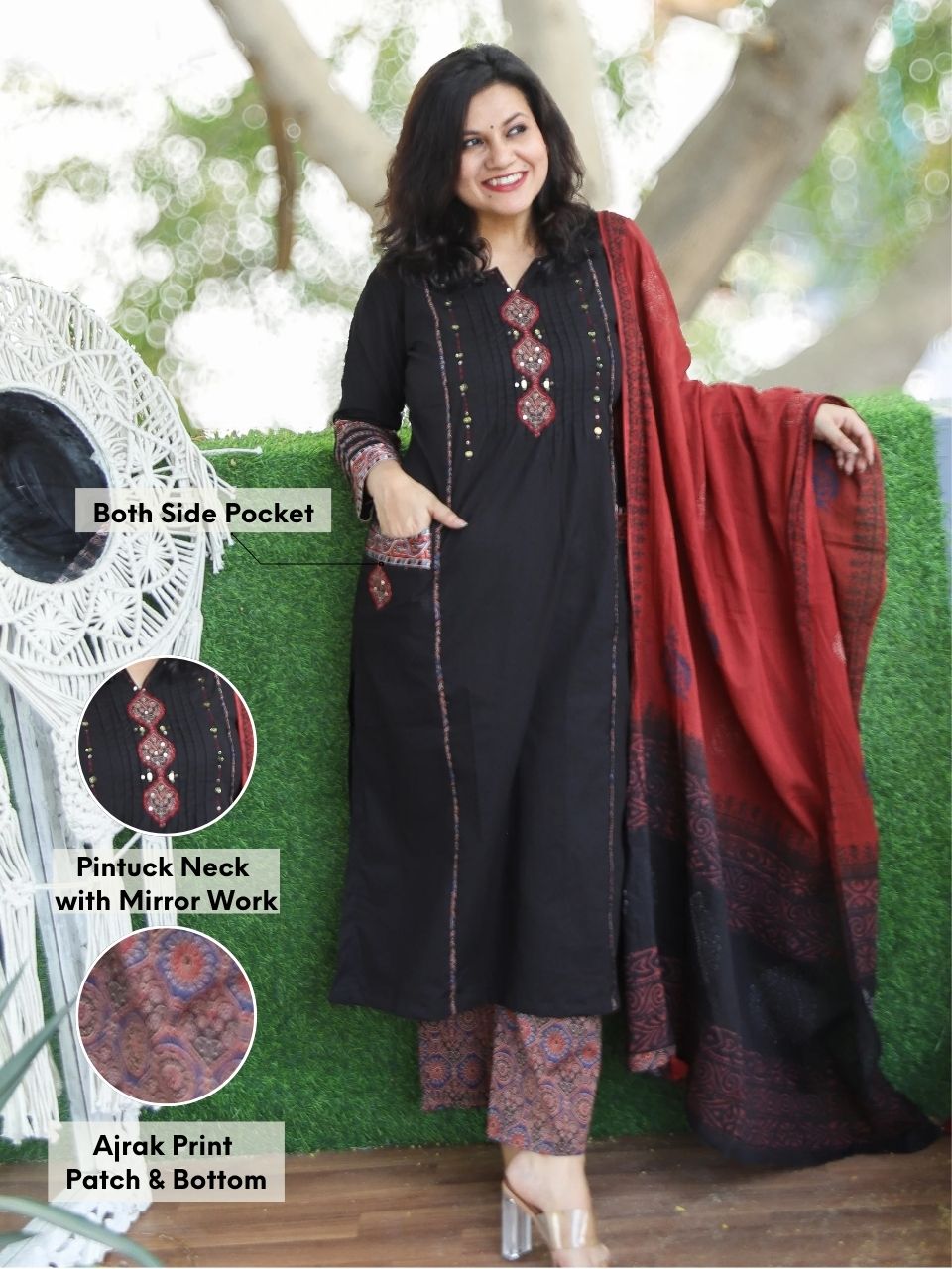 Sundri Black Pintuck with Ajrak Print Patch and Mirror Work Cotton 3 P ...