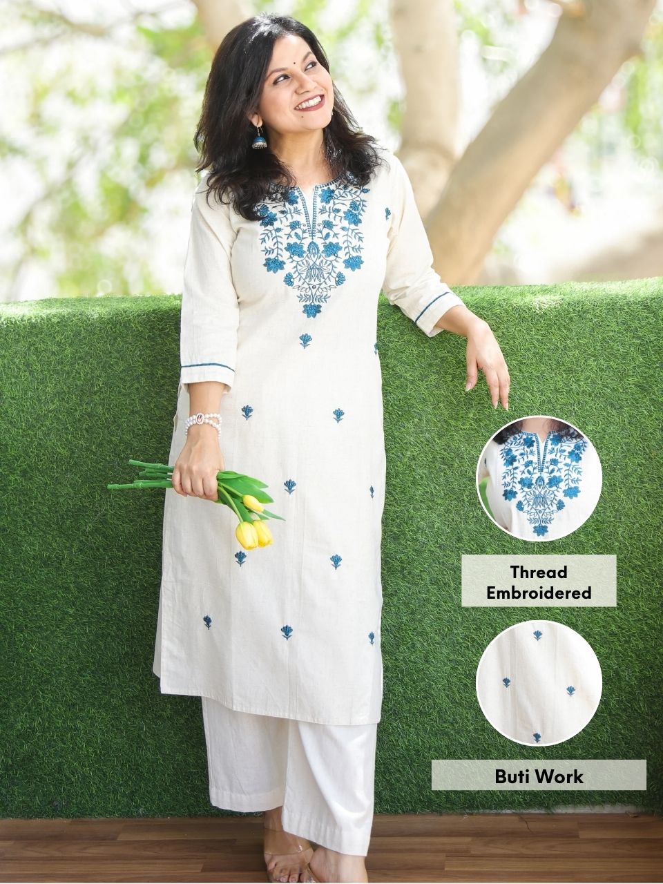Darshan Shell White with Blue Thread Embroidered Work Cotton Kurti ...