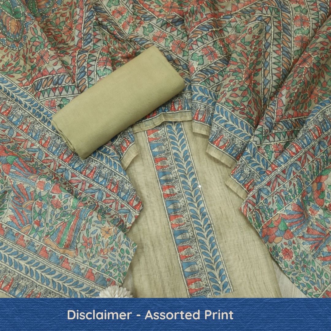 Khalasi Butter Beige Madhubani Printed Chanderi Kantha Work Suit Set ...