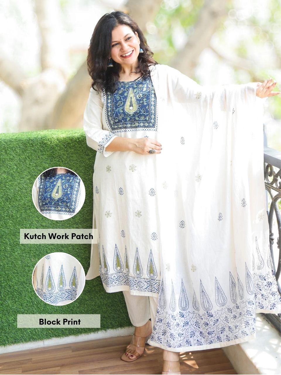 Chanda Shell White with Blue Kutch Work Patch Block Print Cotton 3 Pie ...