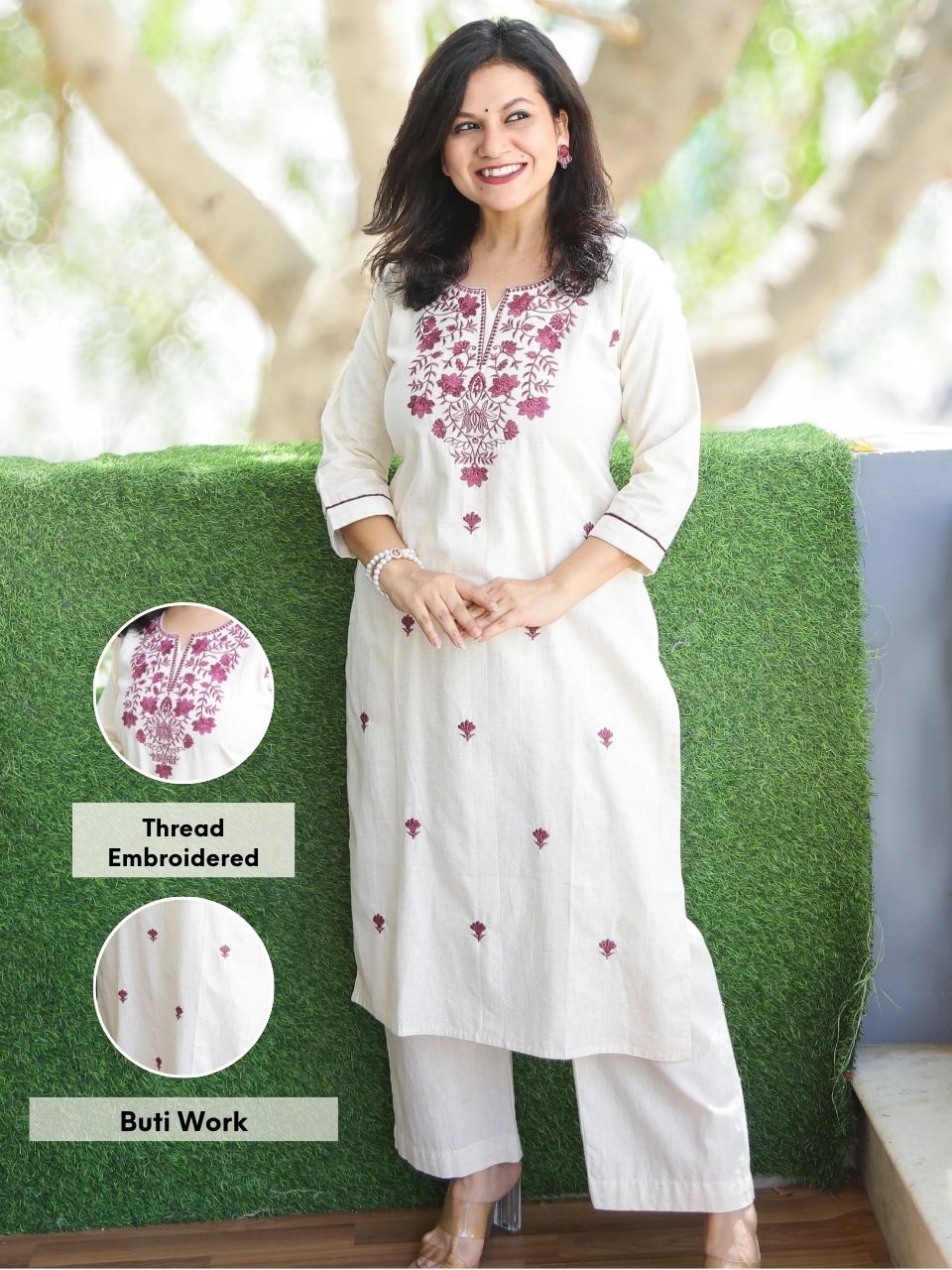 Darshan Shell White with Purple Thread Embroidered Work Cotton Kurti ...