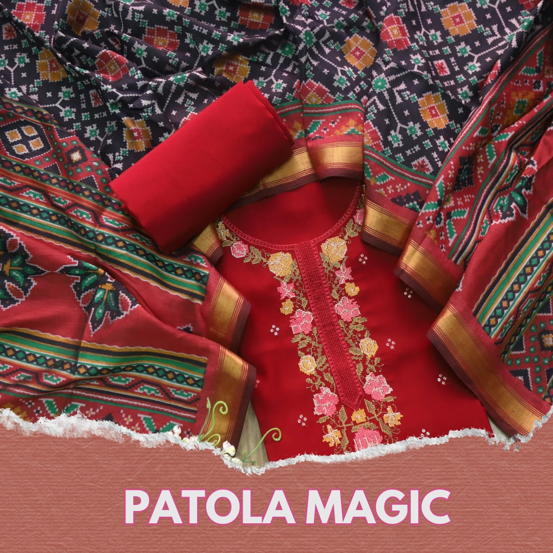 Rubiya Ruby Red Cross-Stitch Embroidered Neck Modal Suit Set ...