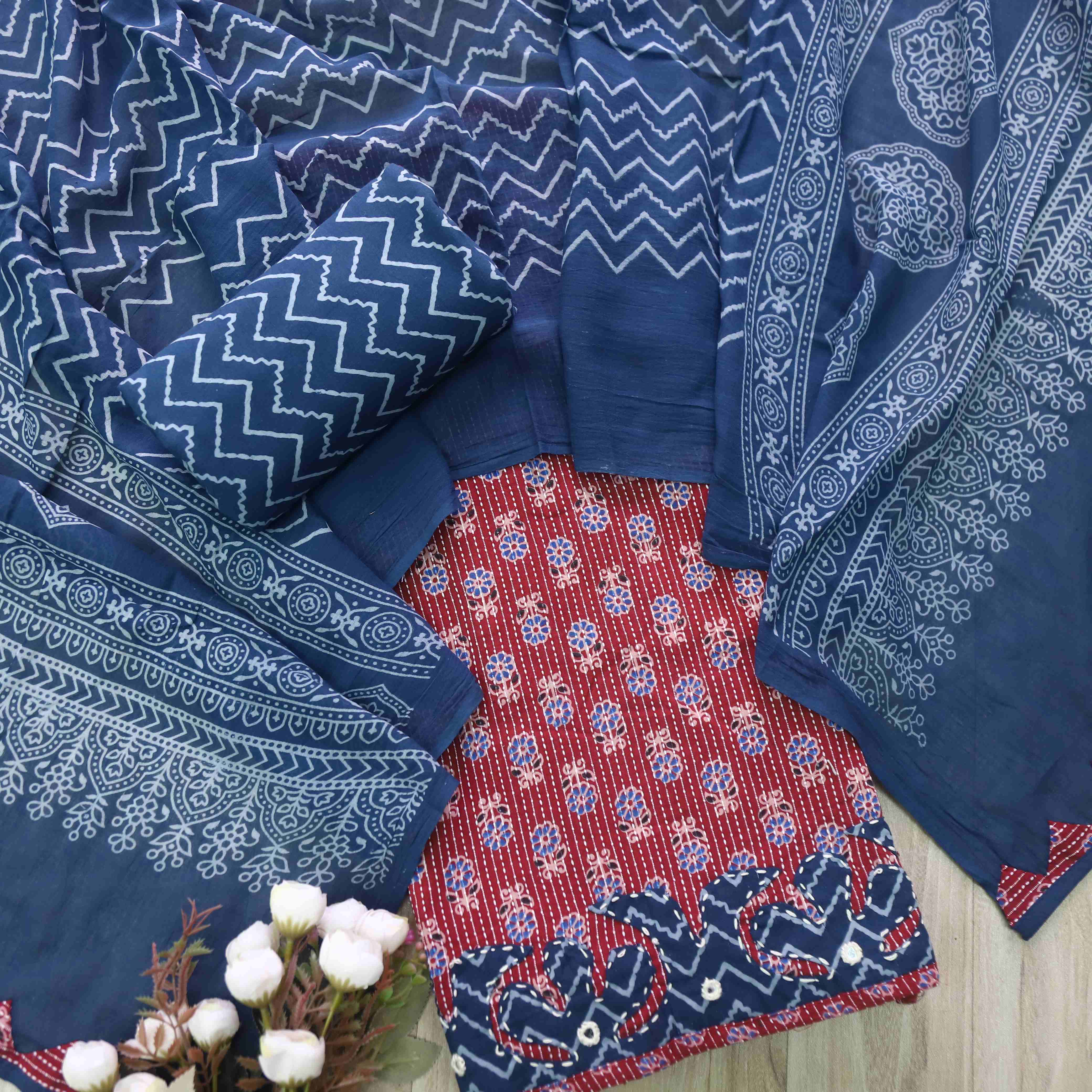 Patang Blood Red Applique Work with Ajrak Print Cotton Suit Set ...