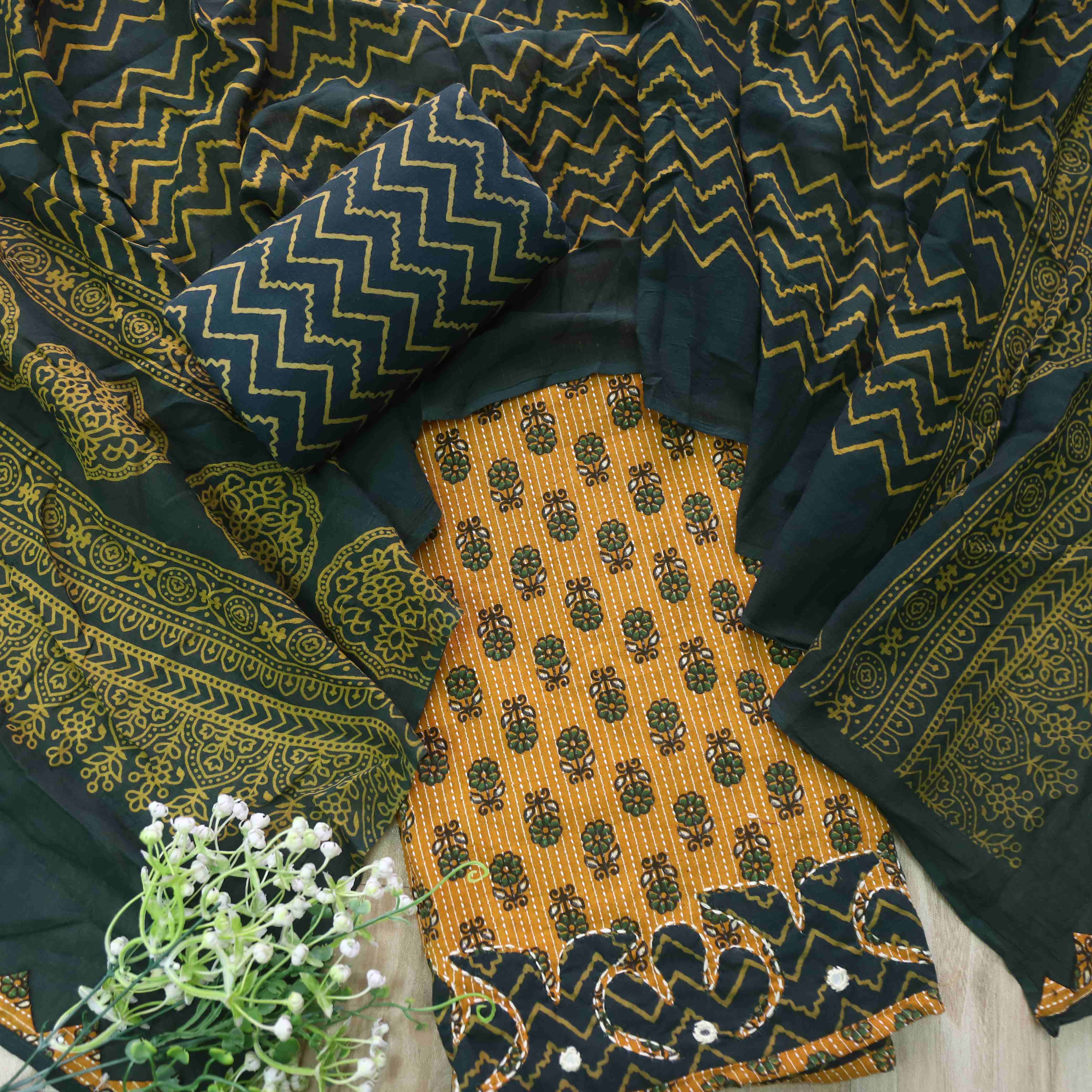 Patang Mango Yellow Applique Work with Ajrak Print Cotton Suit Set ...