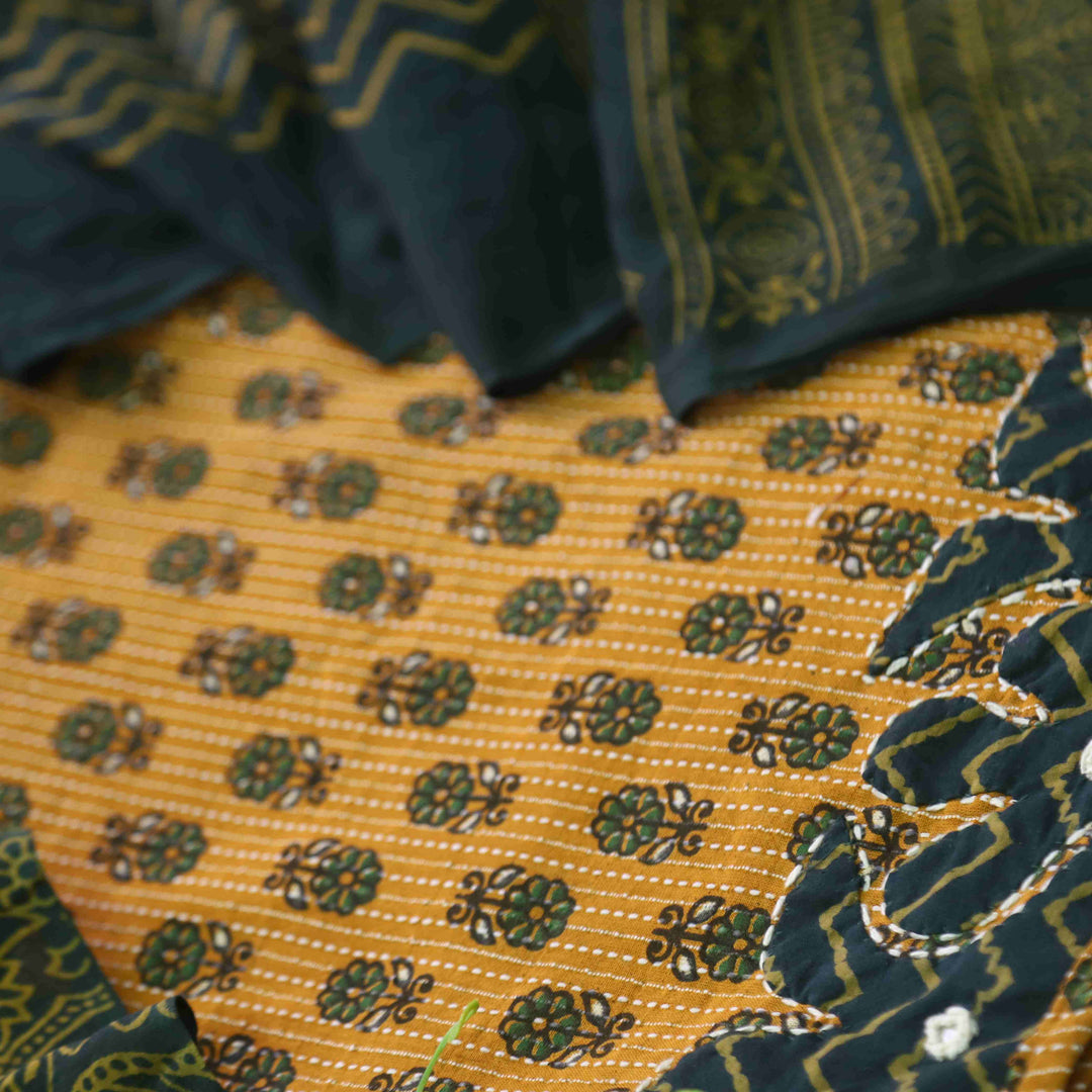 Patang Mango Yellow Applique Work with Ajrak Print Cotton Suit Set ...