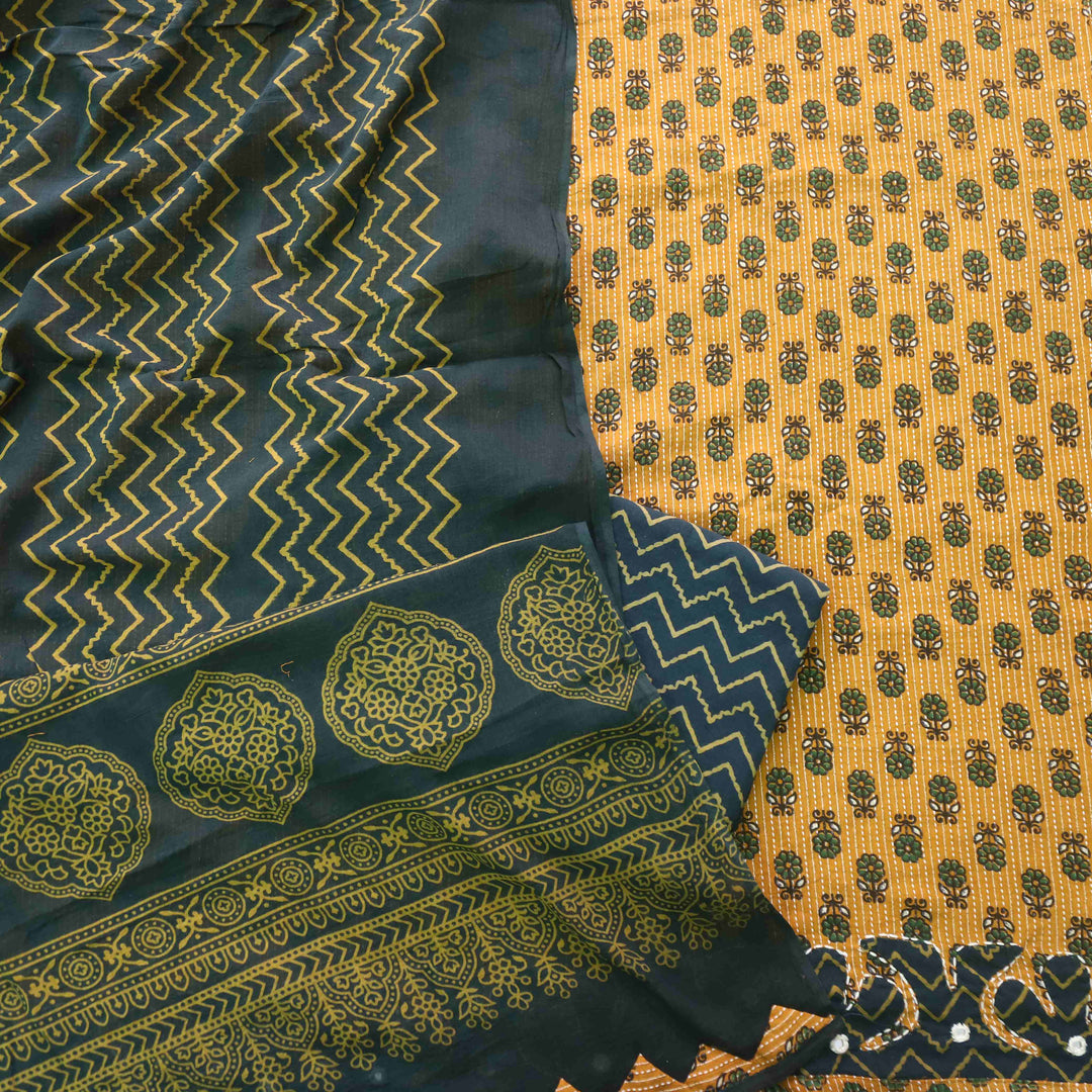 Patang Mango Yellow Applique Work with Ajrak Print Cotton Suit Set ...