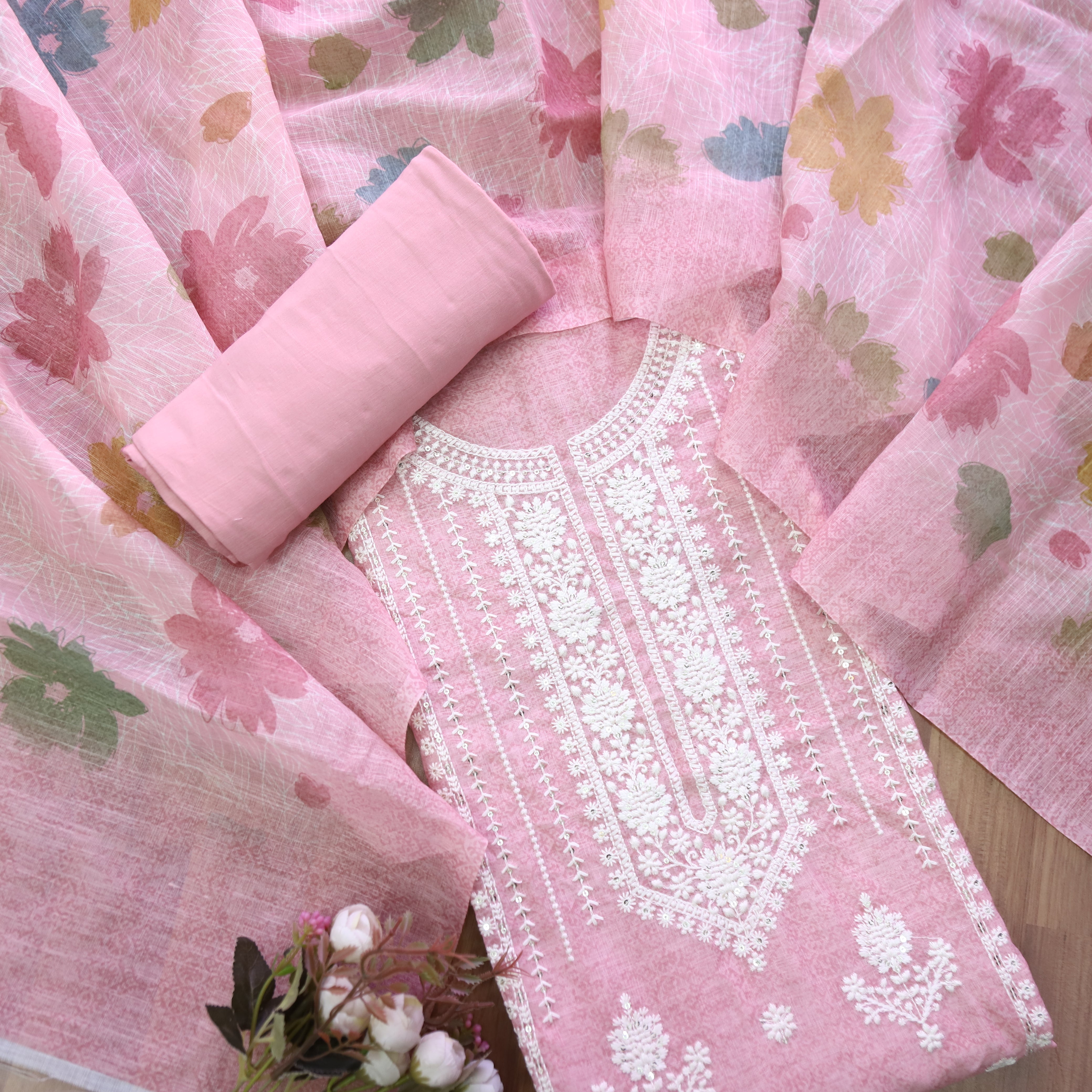 Farista Candy Pink Thread Embroidered Neck Work Printed Cotton Linen S ...