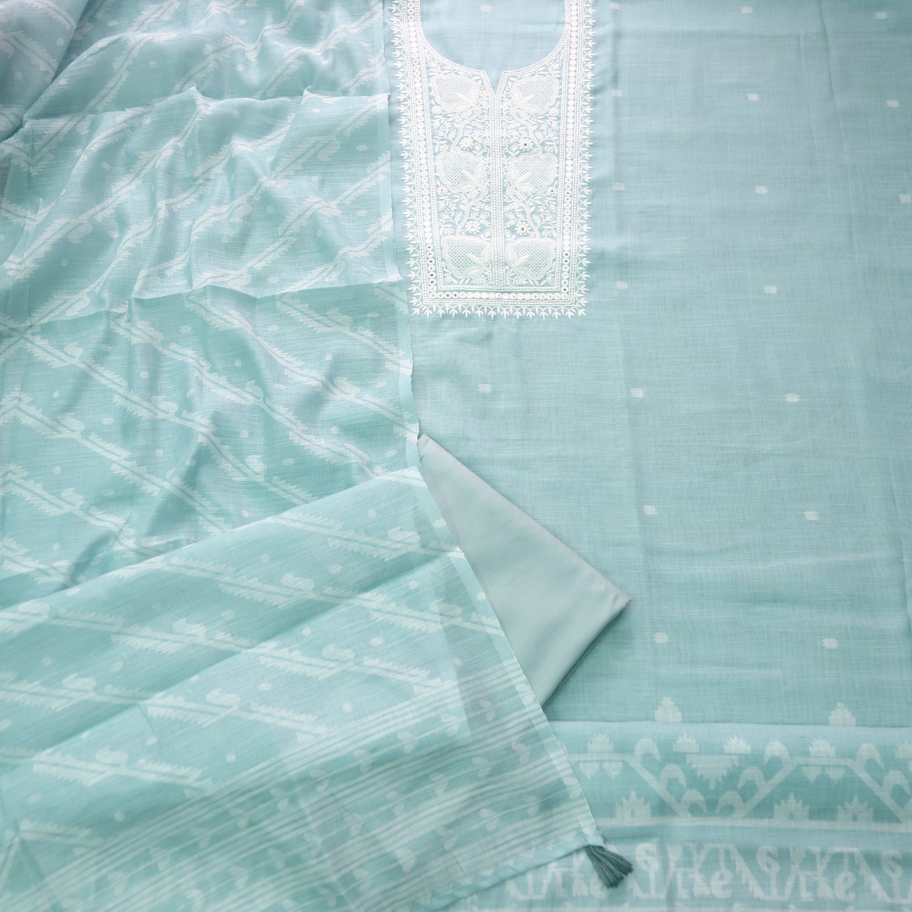 Nigahen Sage Mint Green Thread Embroidered Neck Work Cotton Linen Suit ...