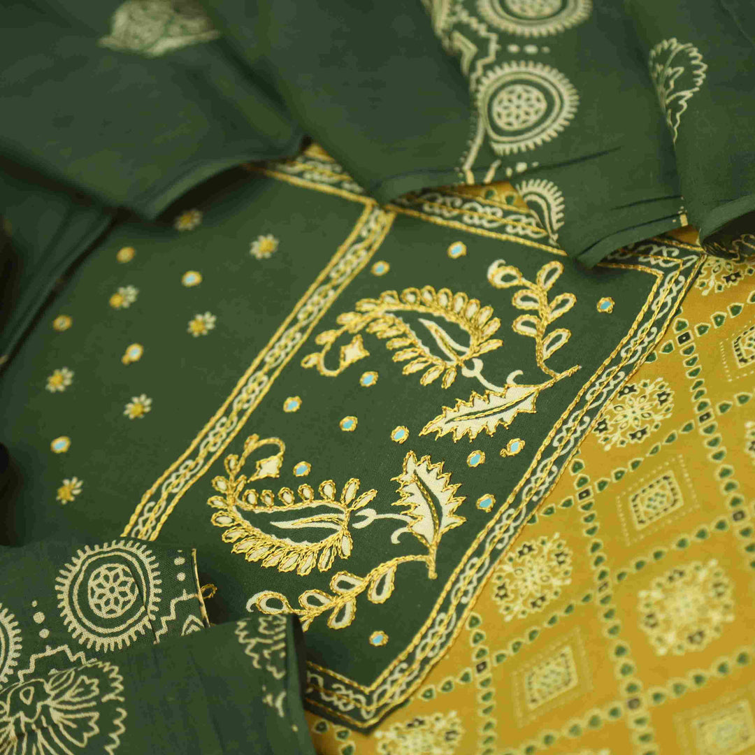 Bayhiss Dijon Yellow Patra Work Ajrak Printed Cotton Suit Set ...