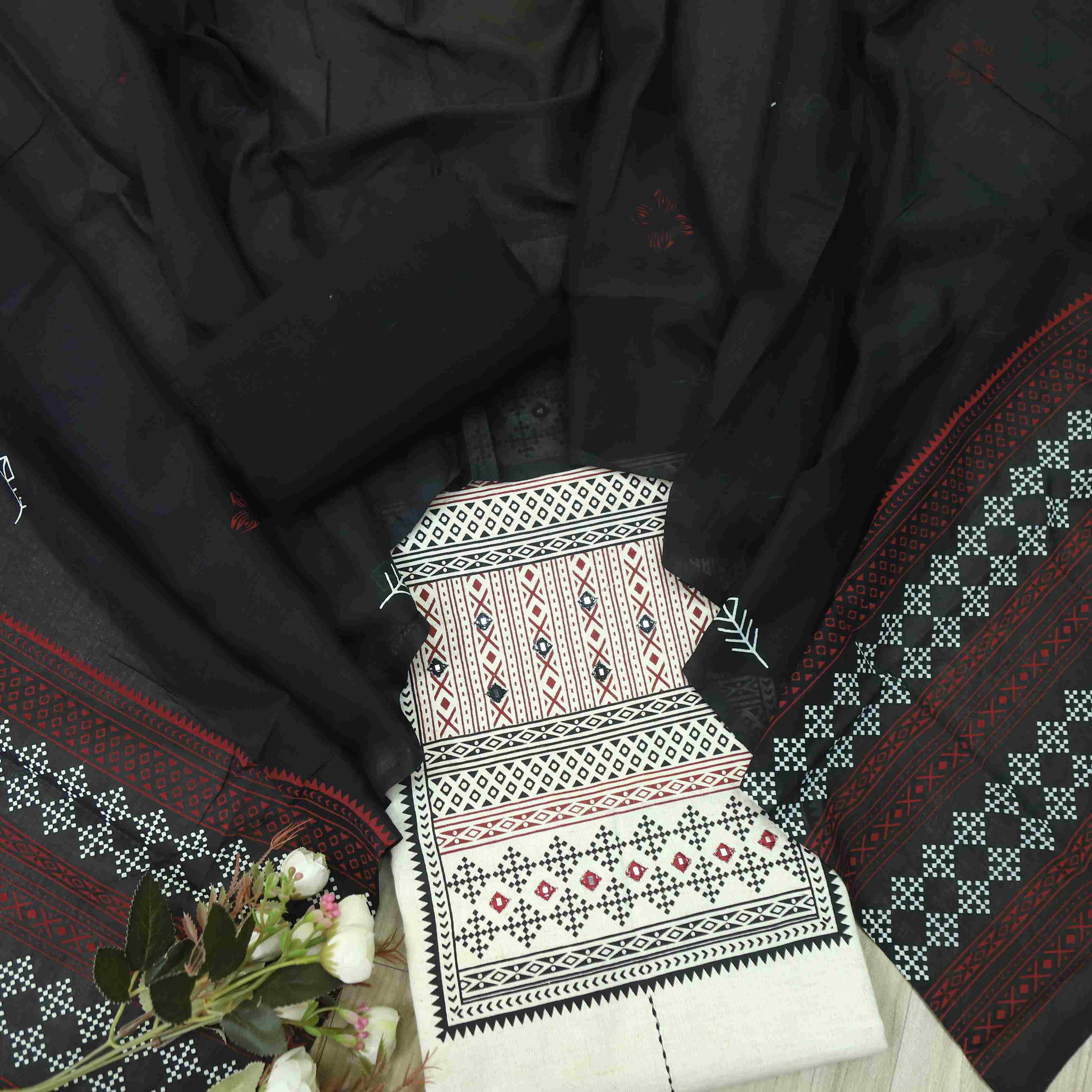 Salaari Sand White Mirror Detailing Block Print Khadi Cotton with Blac ...