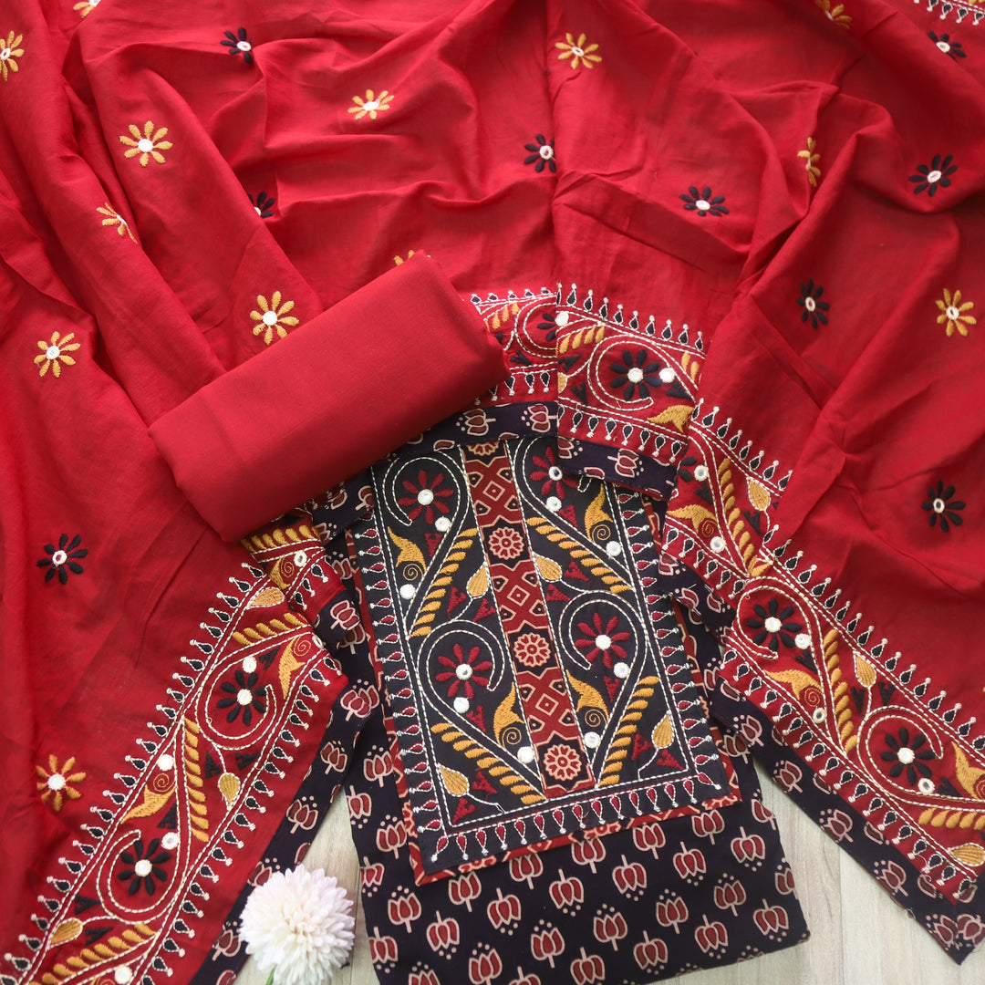 Pardesiya Sable Black Kutch Patch Neck Work Printed Cotton Suit Set ...