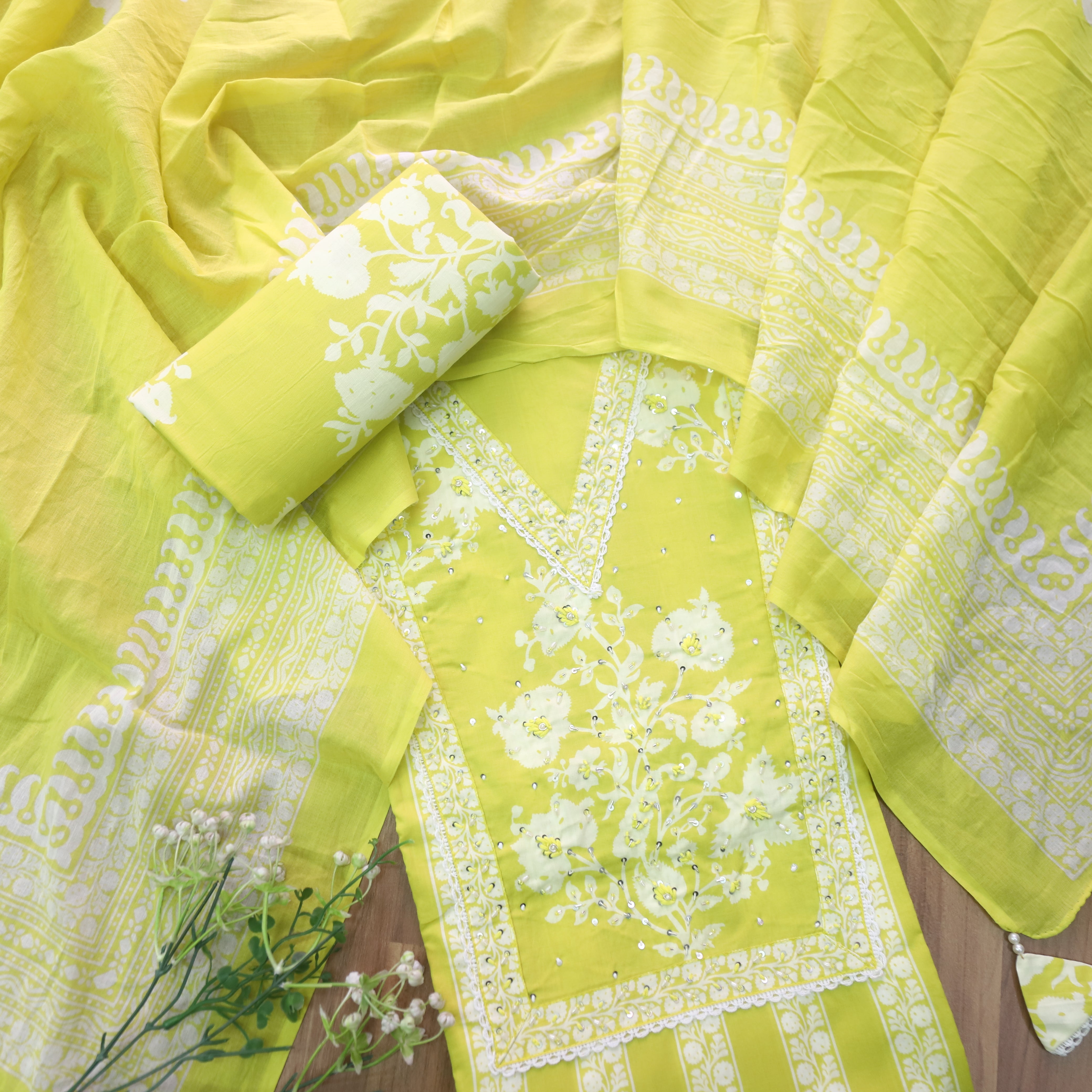 Raina Lemon Yellow Embellished Neck Work Floral Printed Cotton Suit Se ...